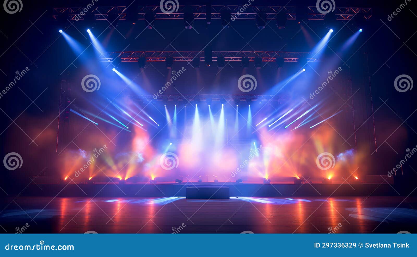 An Empty Nightclub Stage Lit by Red and Blue Spotlights. Interior of ...