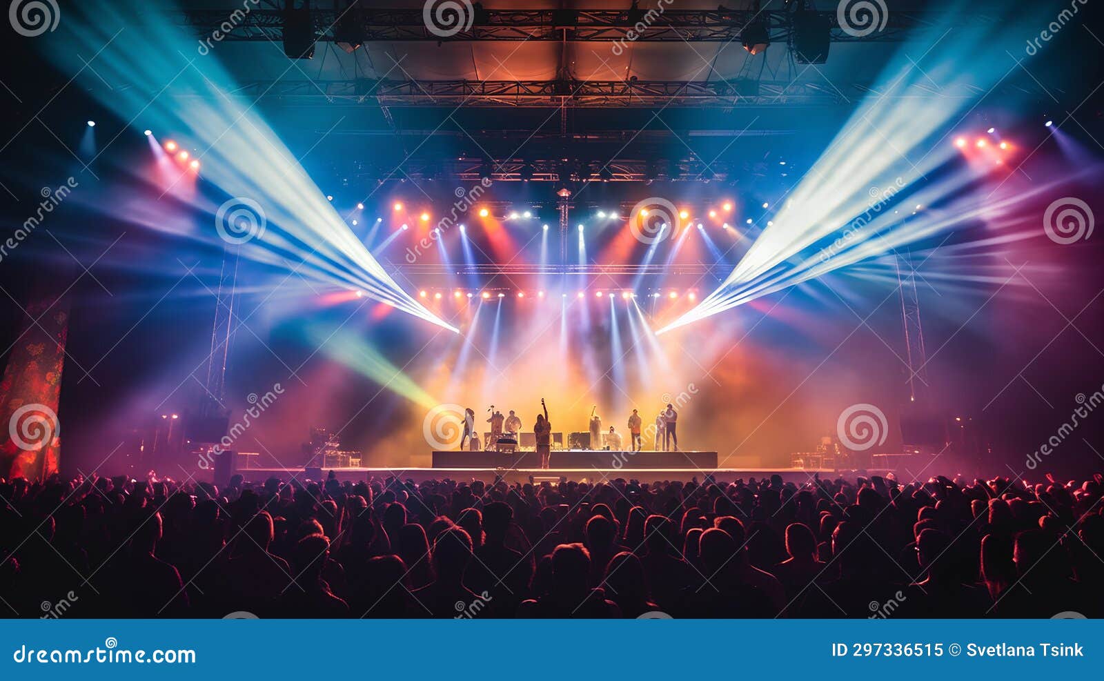An Empty Nightclub Stage Lit by Red and Blue Spotlights. Interior of ...