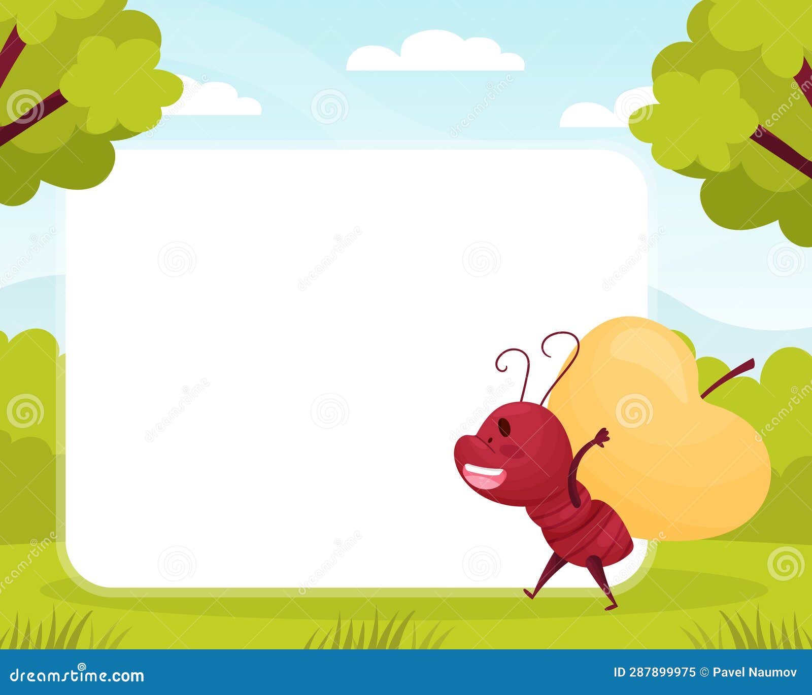 Empty Note Card with Cute Ant Character Carry Apple Vector Template ...