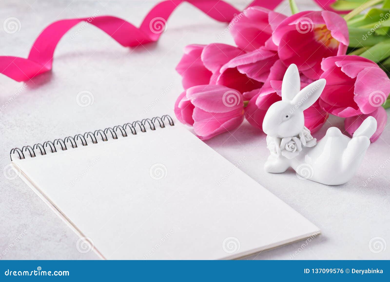 Empty Notebook, Cute Easter Bunny and Pink Tulips Stock Photo - Image ...