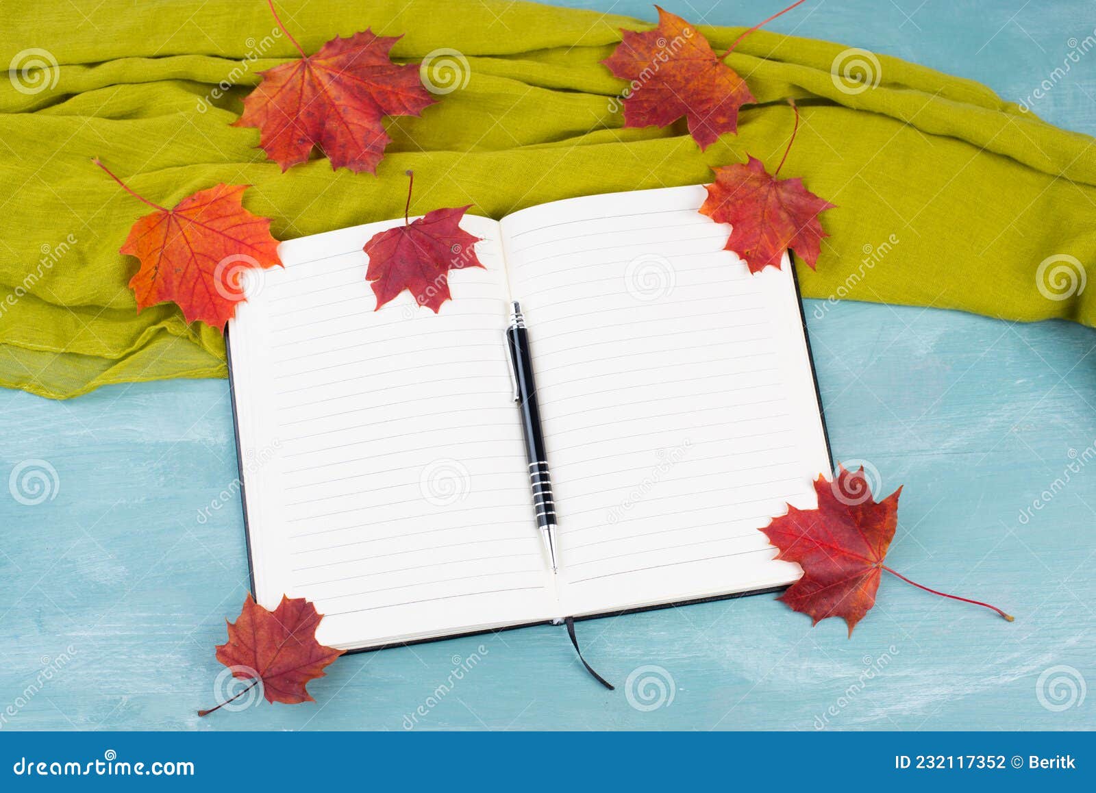 Empty Notebook with a Pen and Autumn Colored Leave Stock Photo - Image ...