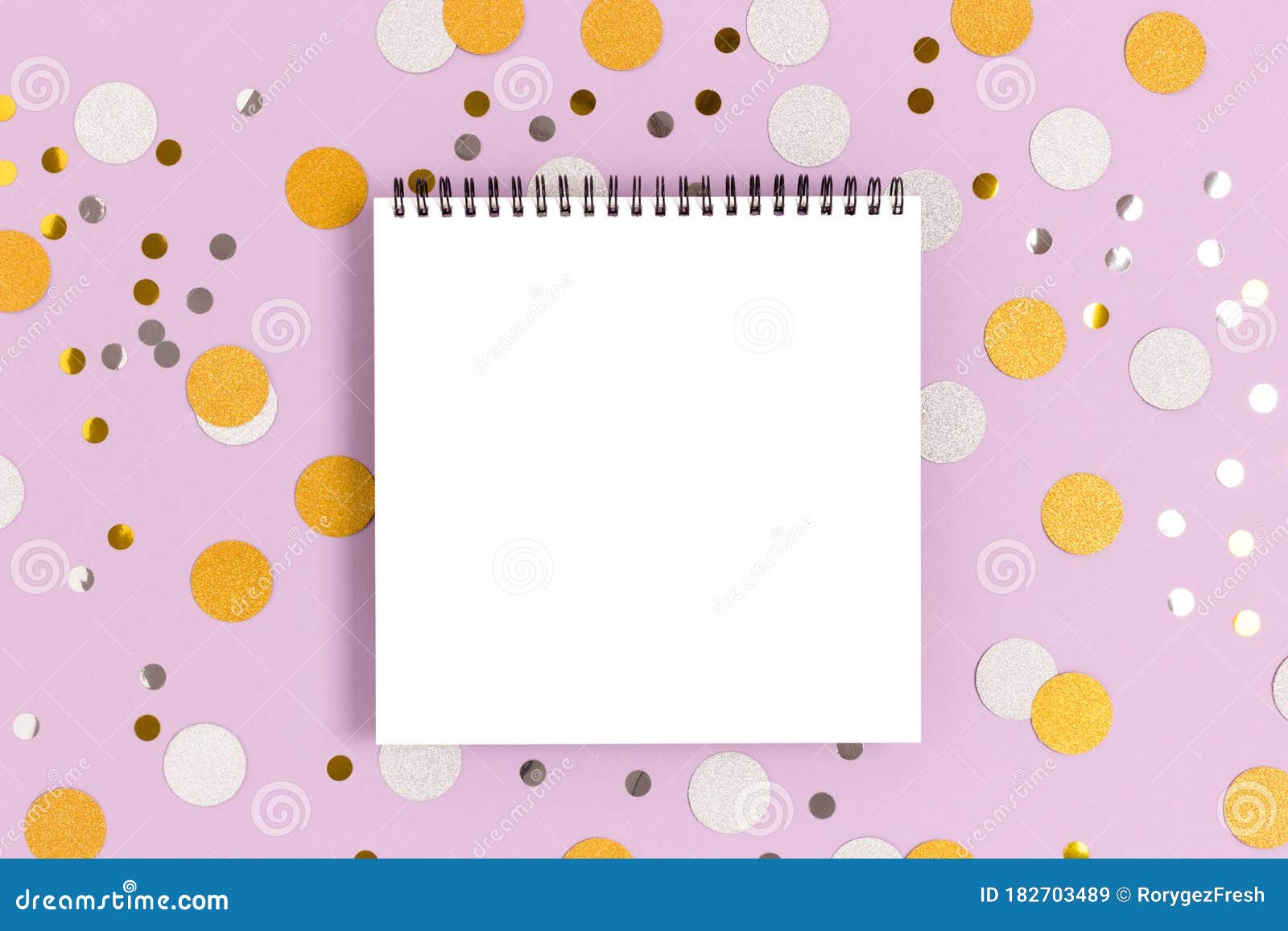 Empty Notepad Mockup on a Purple Pastel Background. Round Confetti ...