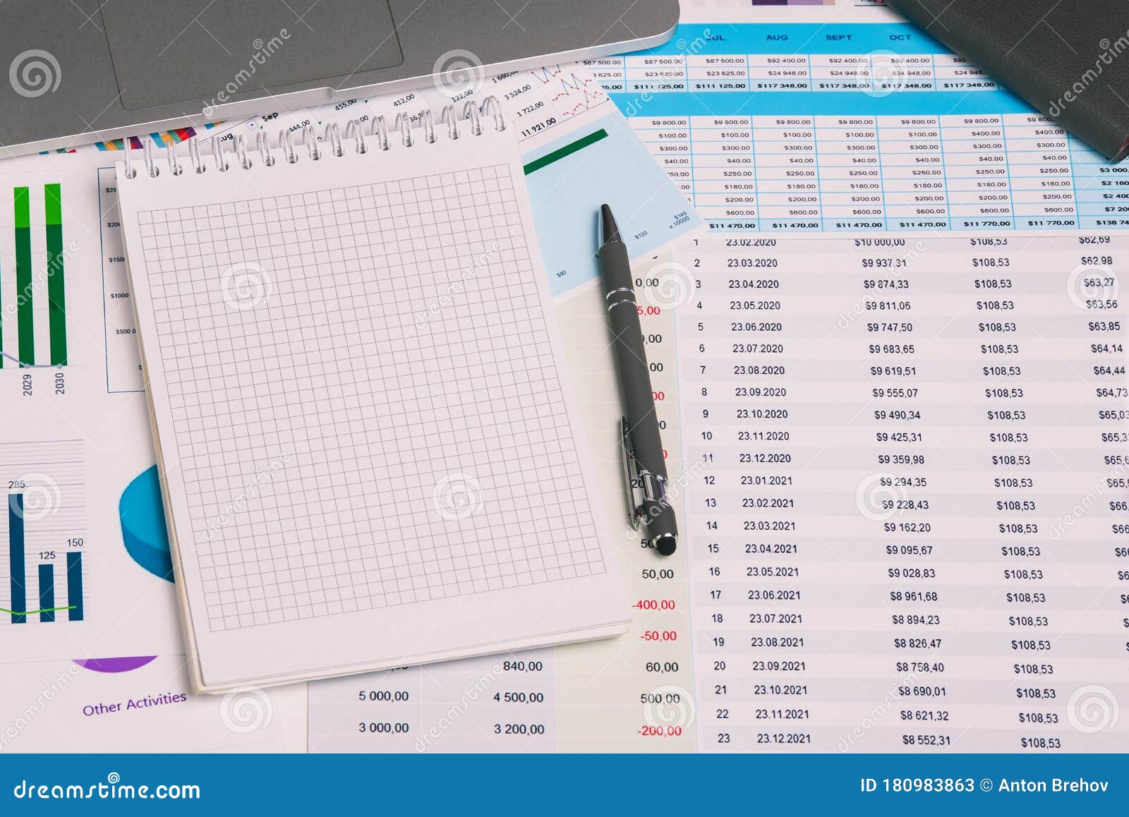 An Empty Notepad with a Pen and Statistical Graphs on the Desktop ...