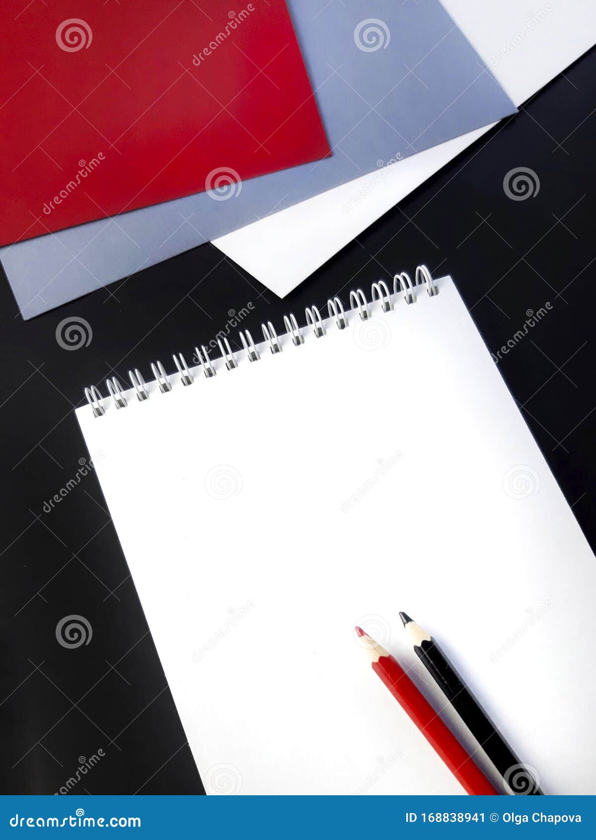 Empty Notepad with Pencils, Red, White Grey Paper Blanks on Blackboard ...