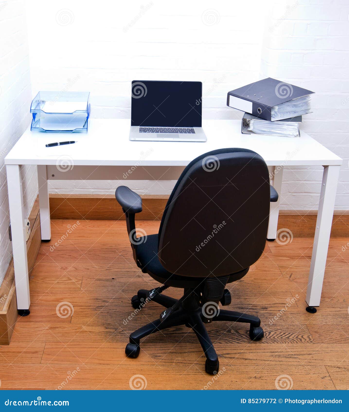Empty Office Chair with Laptop on Desk Stock Photo - Image of ...