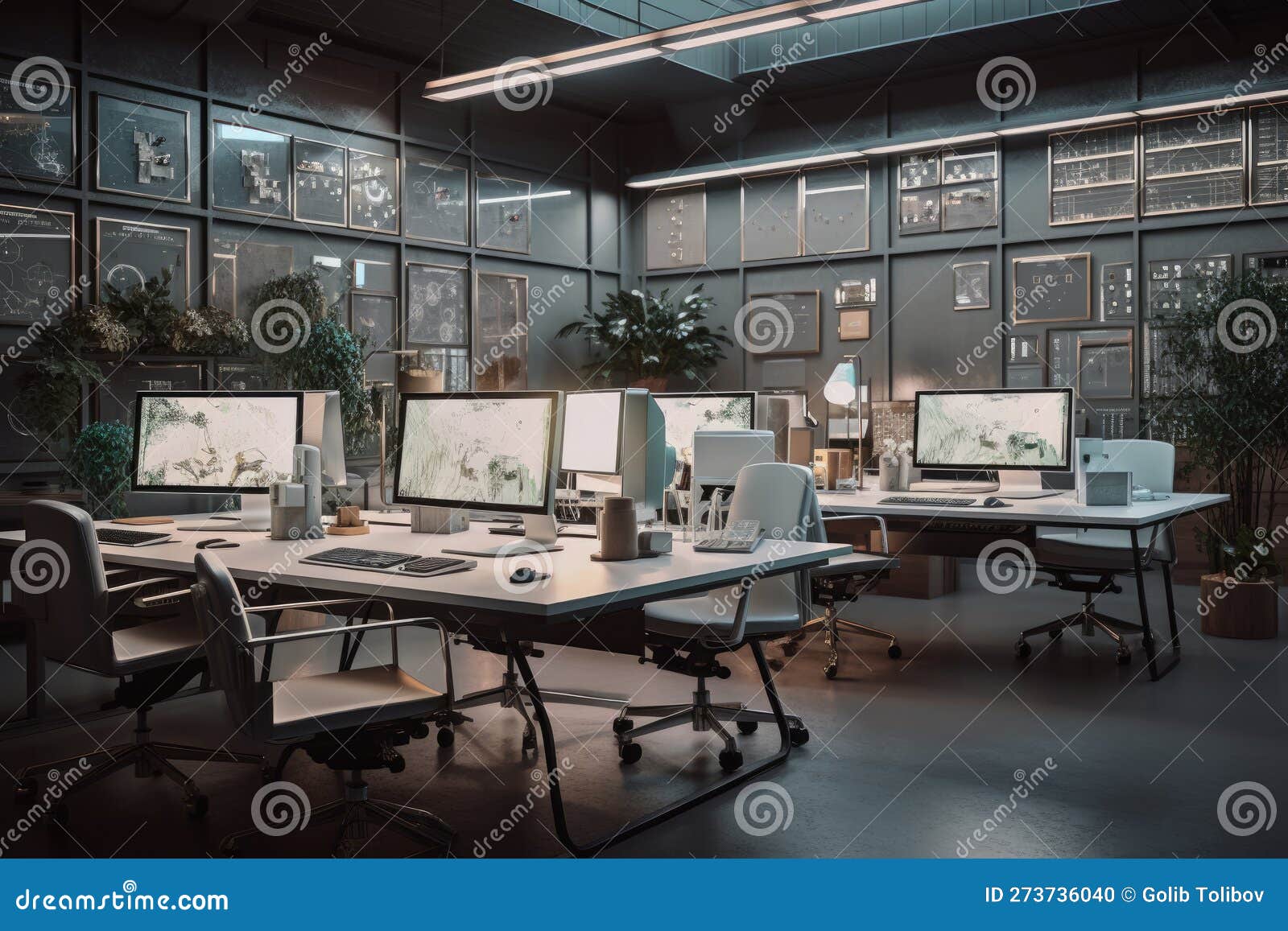 An Empty Office with Computer Monitors and Chairs. Generative AI Stock ...