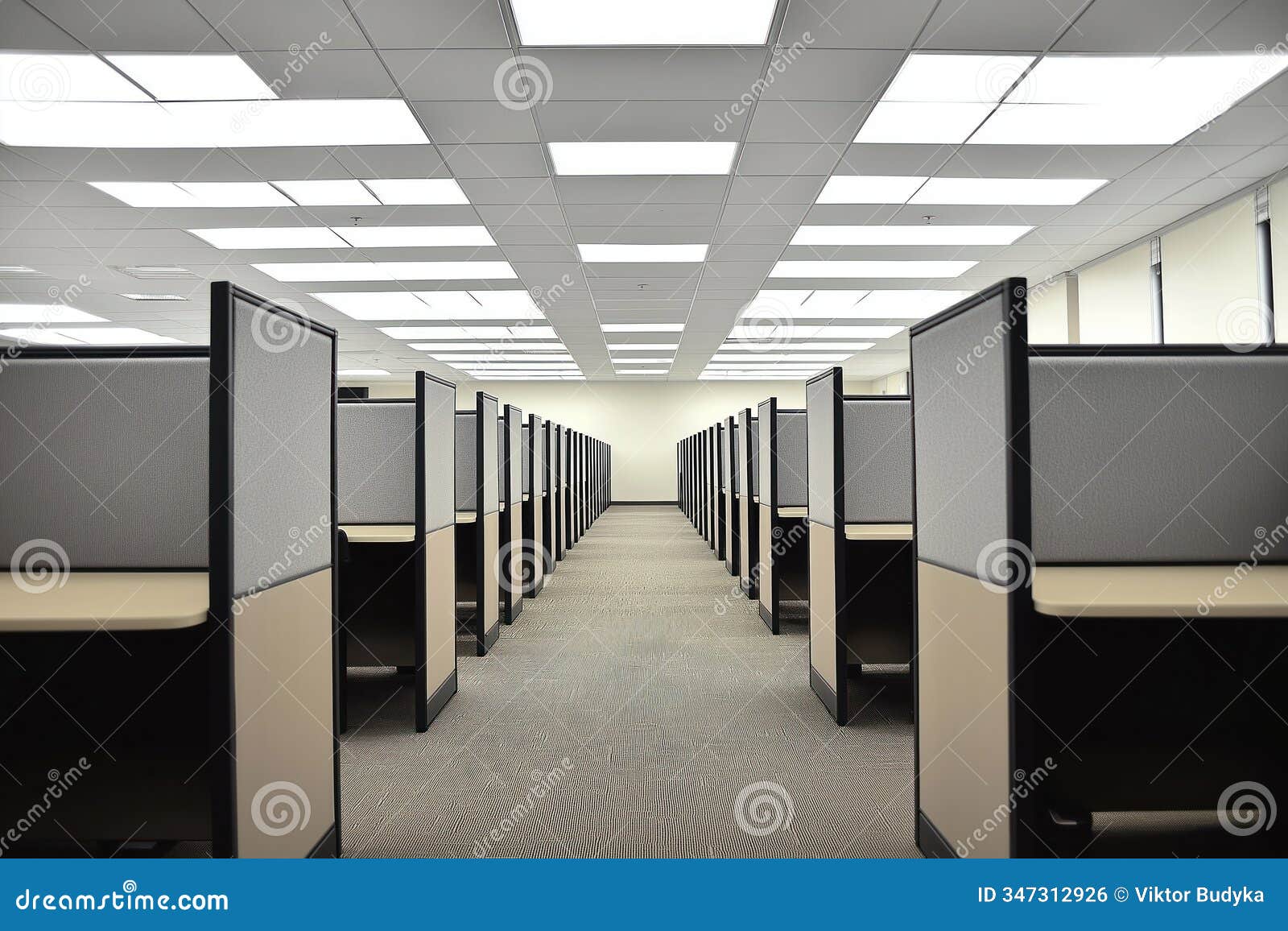 Empty Office Cubicle Space Stretches Out in Long Hallway. Rows of Beige ...