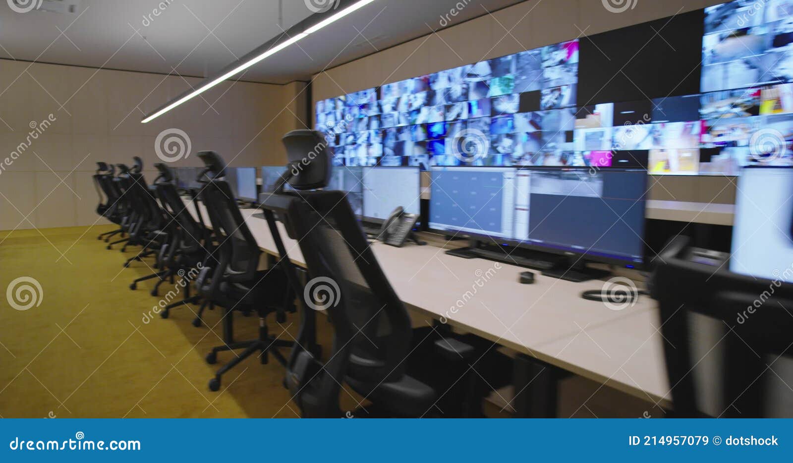 Empty Office, Desk, and Chairs at a Main CCTV Security Data Center ...