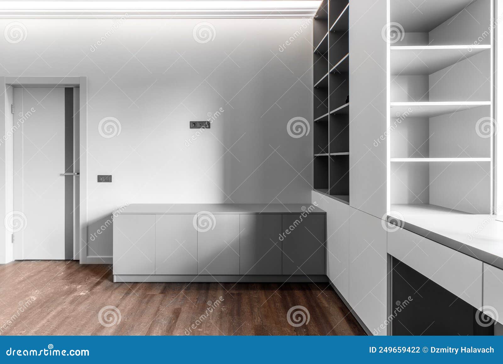 Empty Office with Desk and Shelves in Gray and White Stock Photo ...