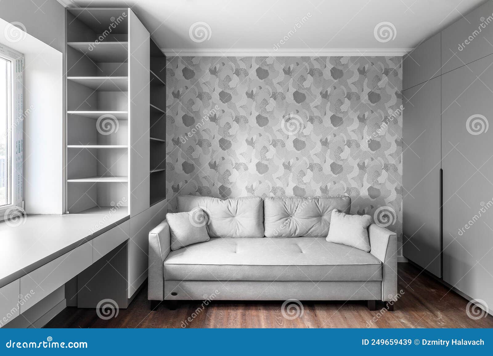Empty Office with Desk and Shelves in Gray and White Stock Image ...