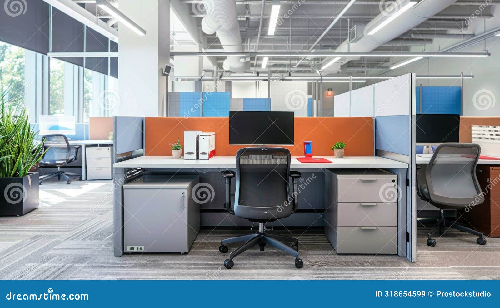 Empty Office with Desks, Chairs, and a Plant Stock Image - Image of ...