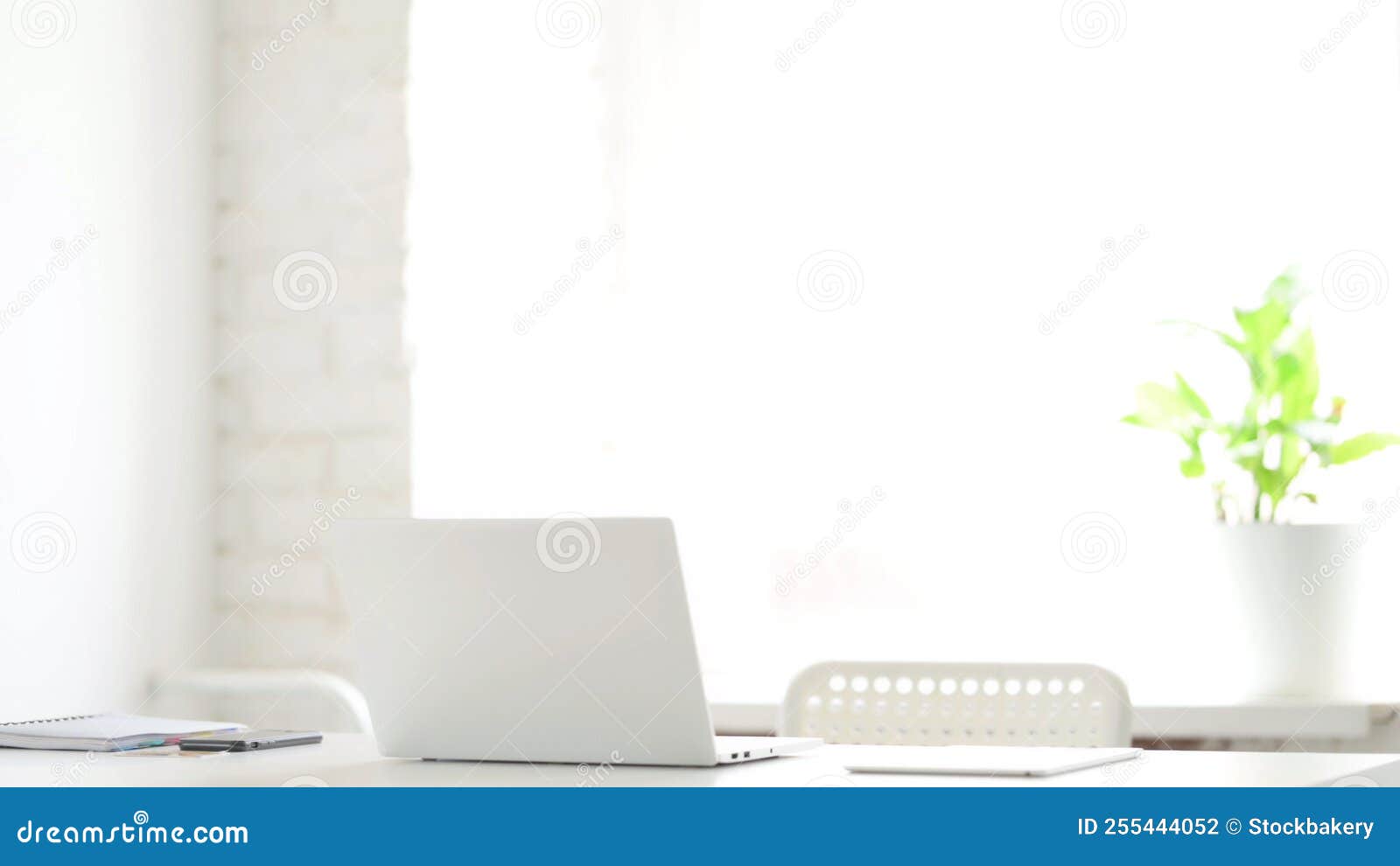 Empty Office with Open Laptop on Desk Stock Photo - Image of white ...
