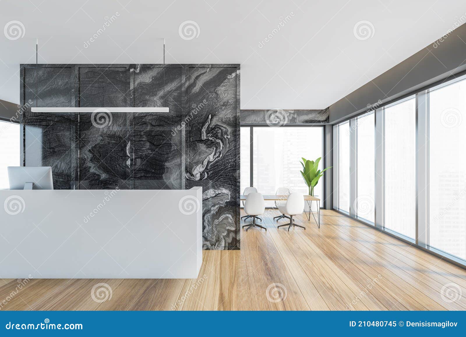 Empty Office, Reception Desk with Computer and Marbel Wall. Panoramic ...