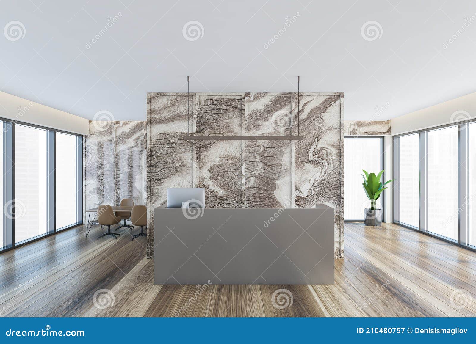 Empty Office, Reception Desk with Computer and Marbel Wall. Panoramic ...
