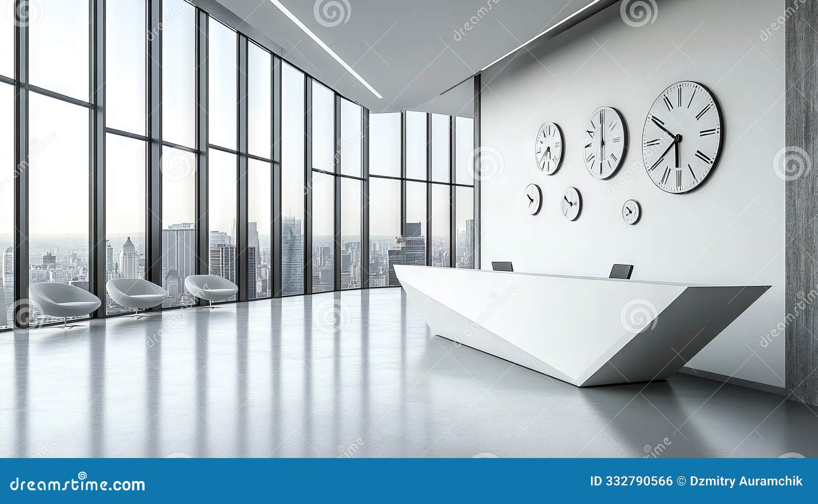 An Empty Office Reception with Three Clocks on the Wall in a White ...