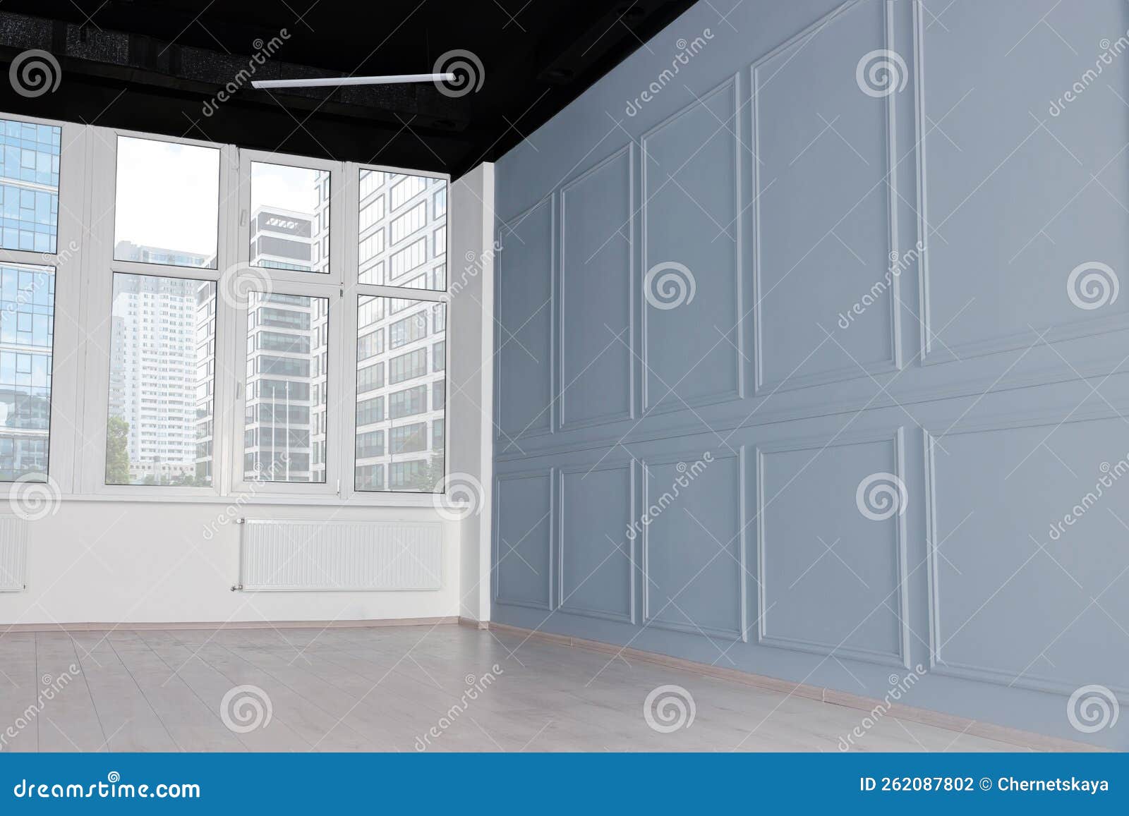 Empty Office Room with Black Ceiling and Windows. Interior Design Stock ...