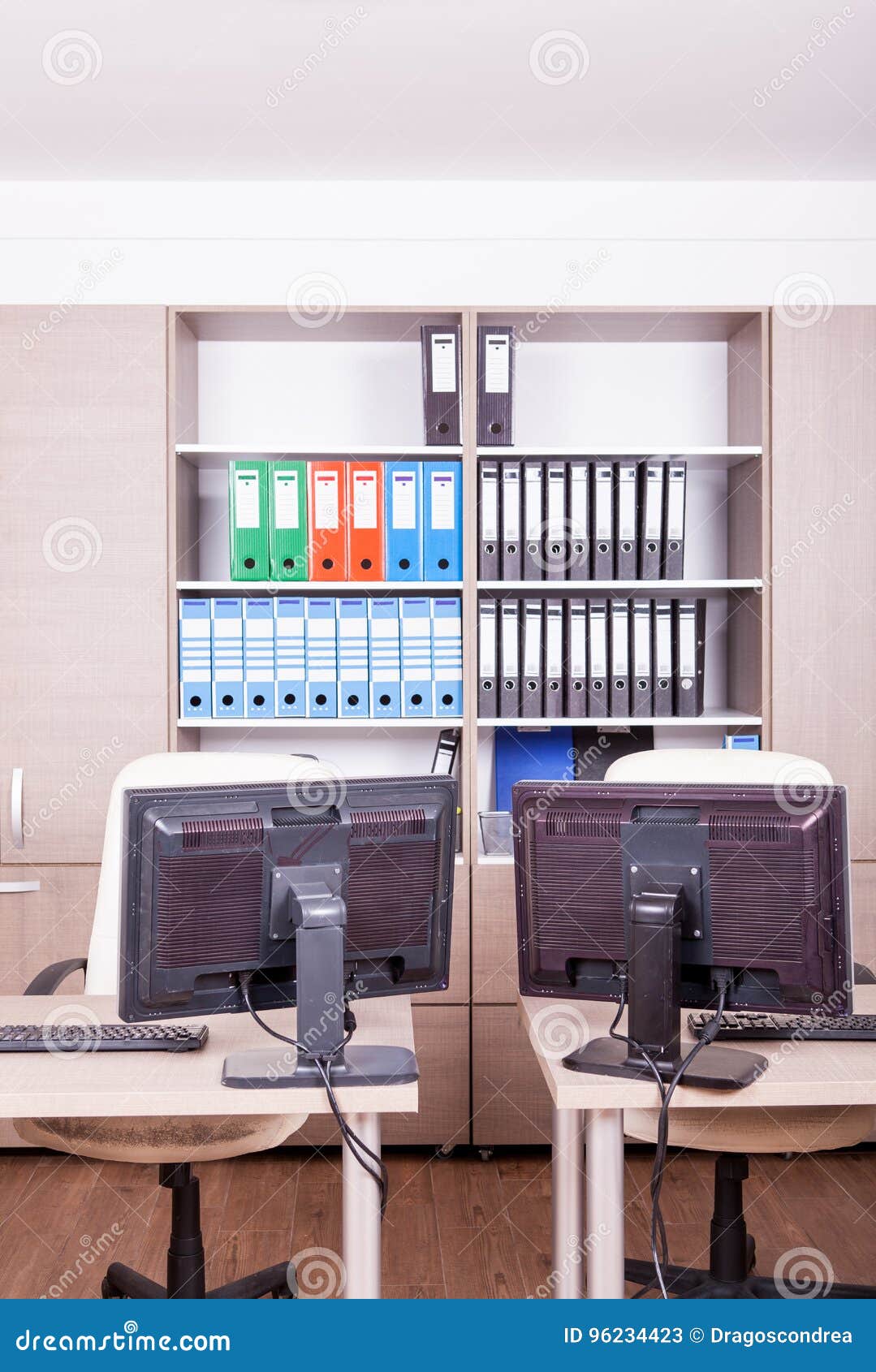 Empty Office Room with Computers and Desks Stock Image - Image of empty ...