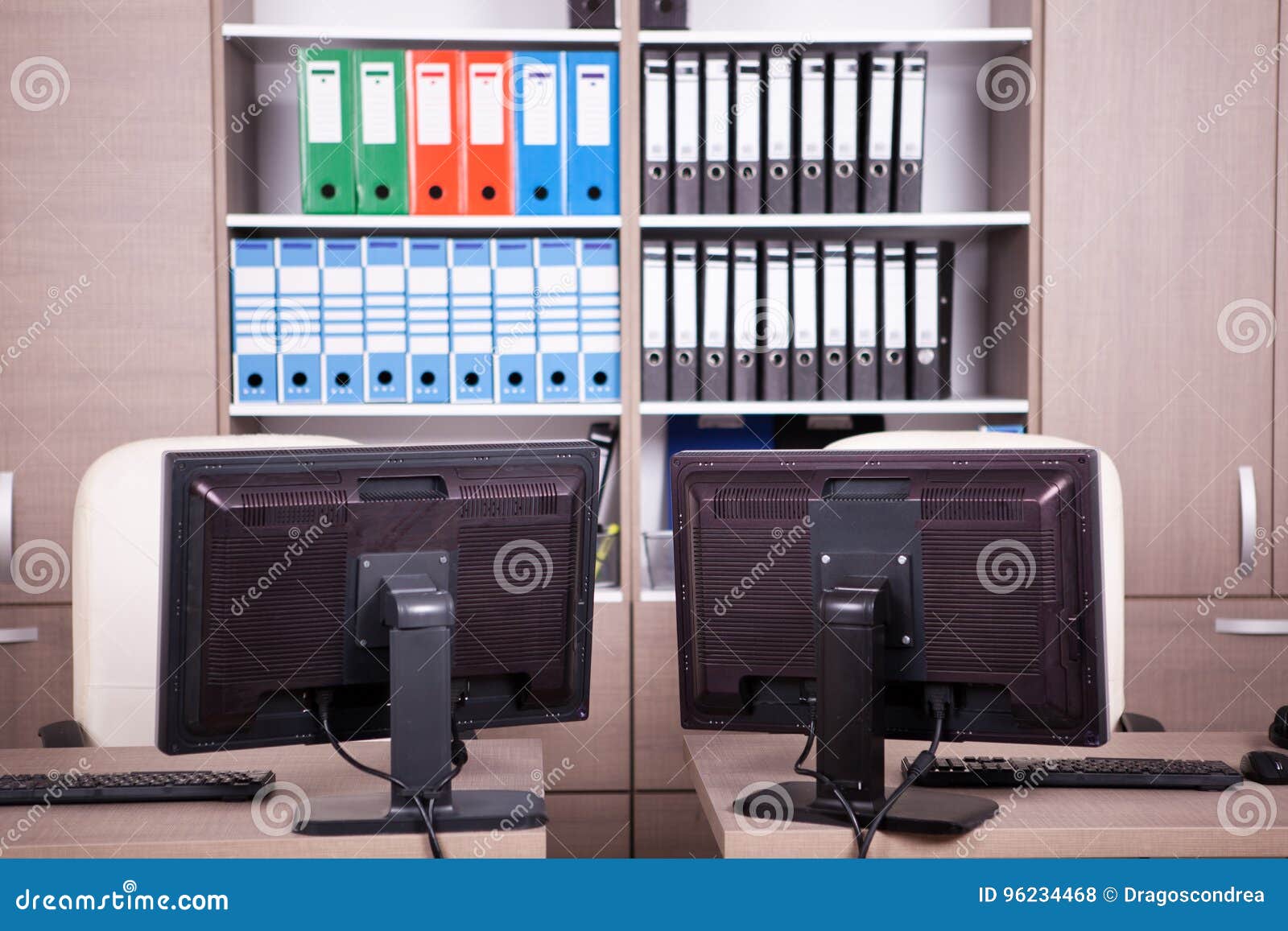 Empty Office Room with Computers and Desks Stock Photo - Image of ...