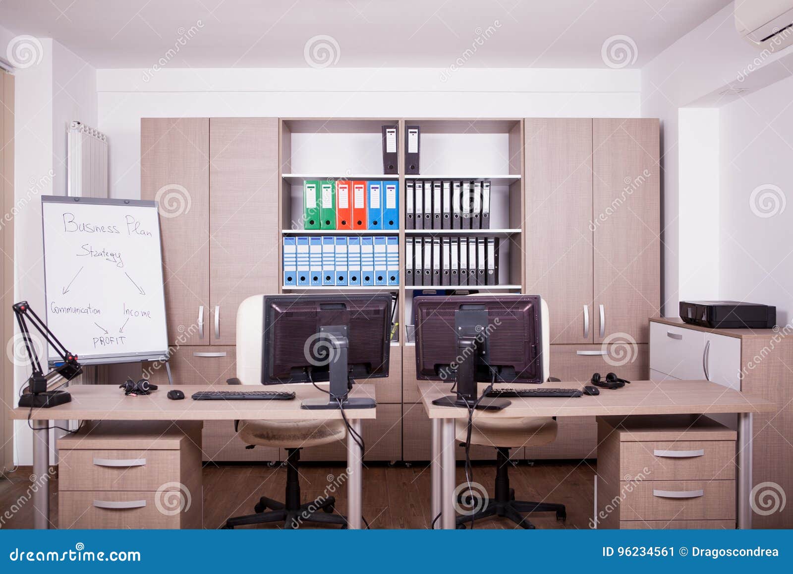 Empty Office Room with Computers and Desks Stock Image - Image of ...