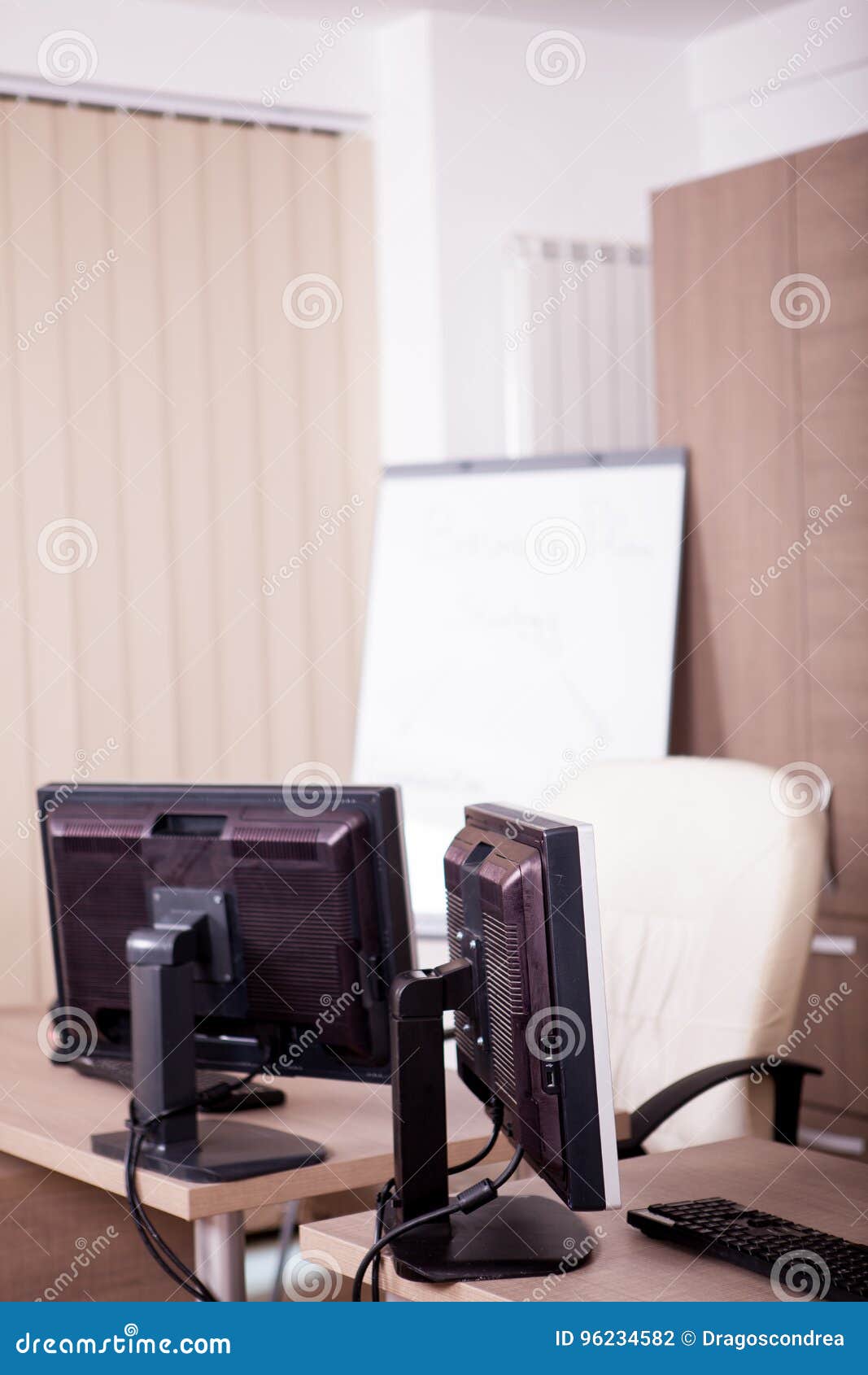 Empty Office Room with Computers and Desks Stock Photo - Image of floor ...