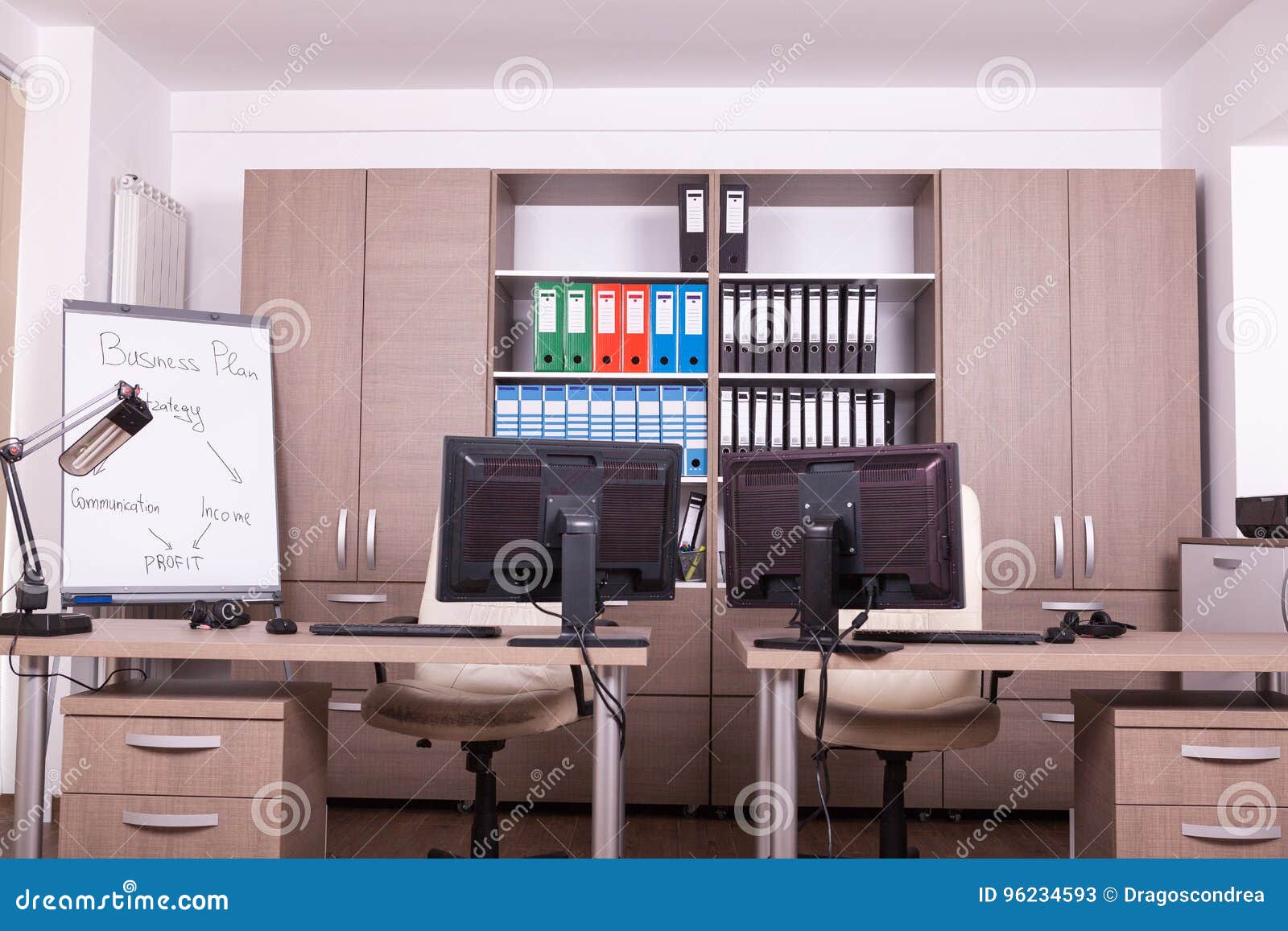 Empty Office Room with Computers and Desks Stock Image - Image of ...