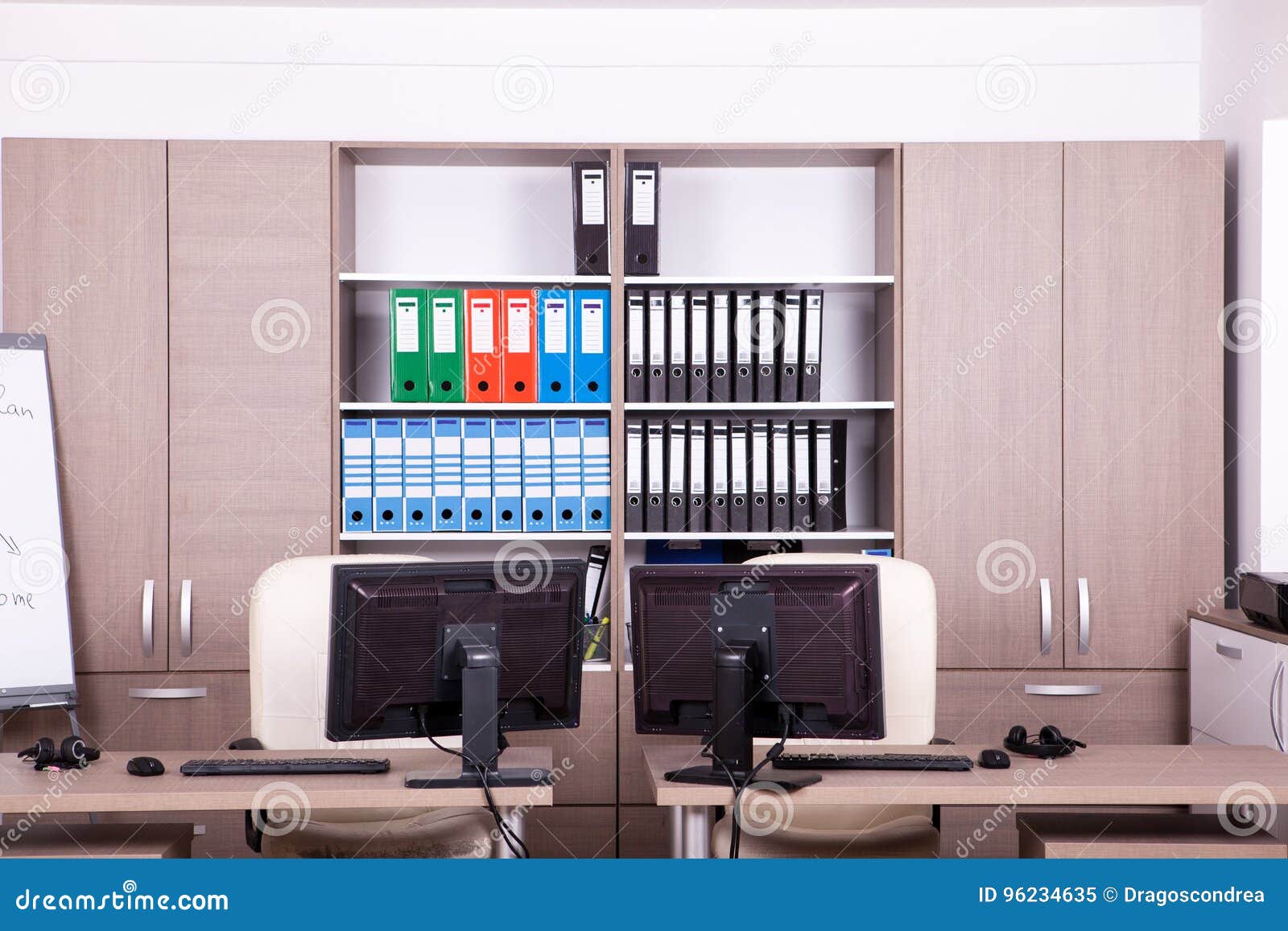 Empty Office Room with Computers and Desks Stock Image - Image of floor ...