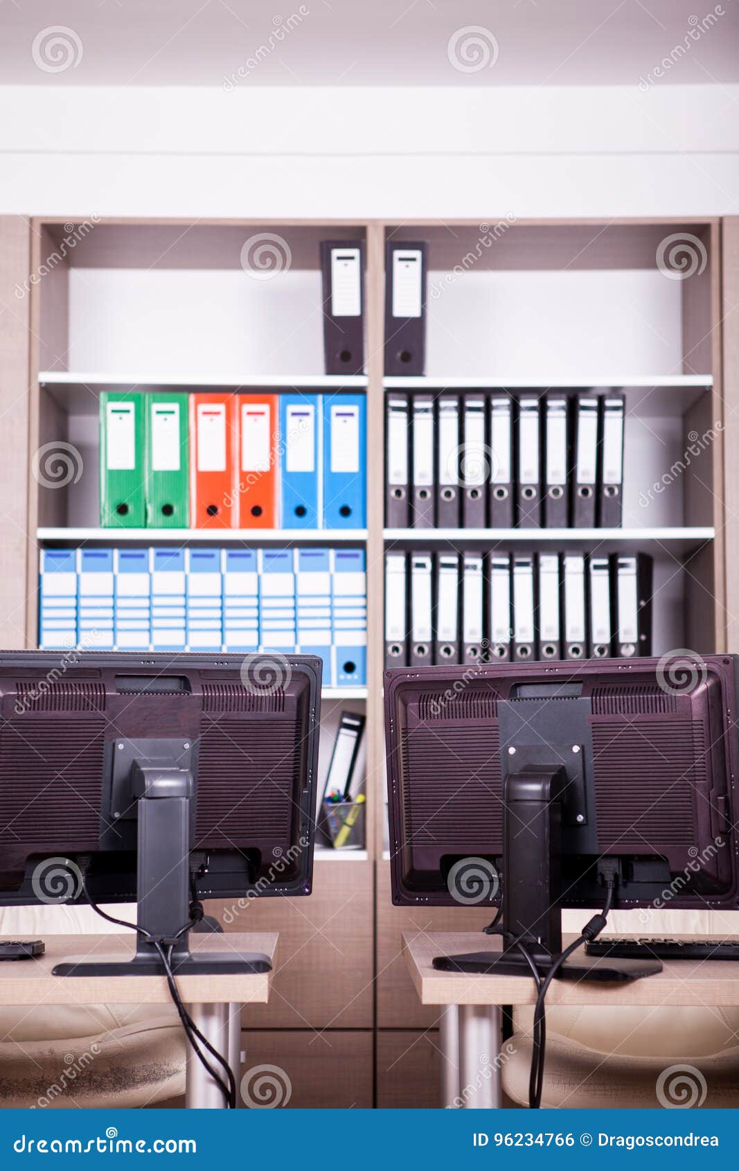 Empty Office Room with Computers and Desks Stock Photo - Image of chair ...