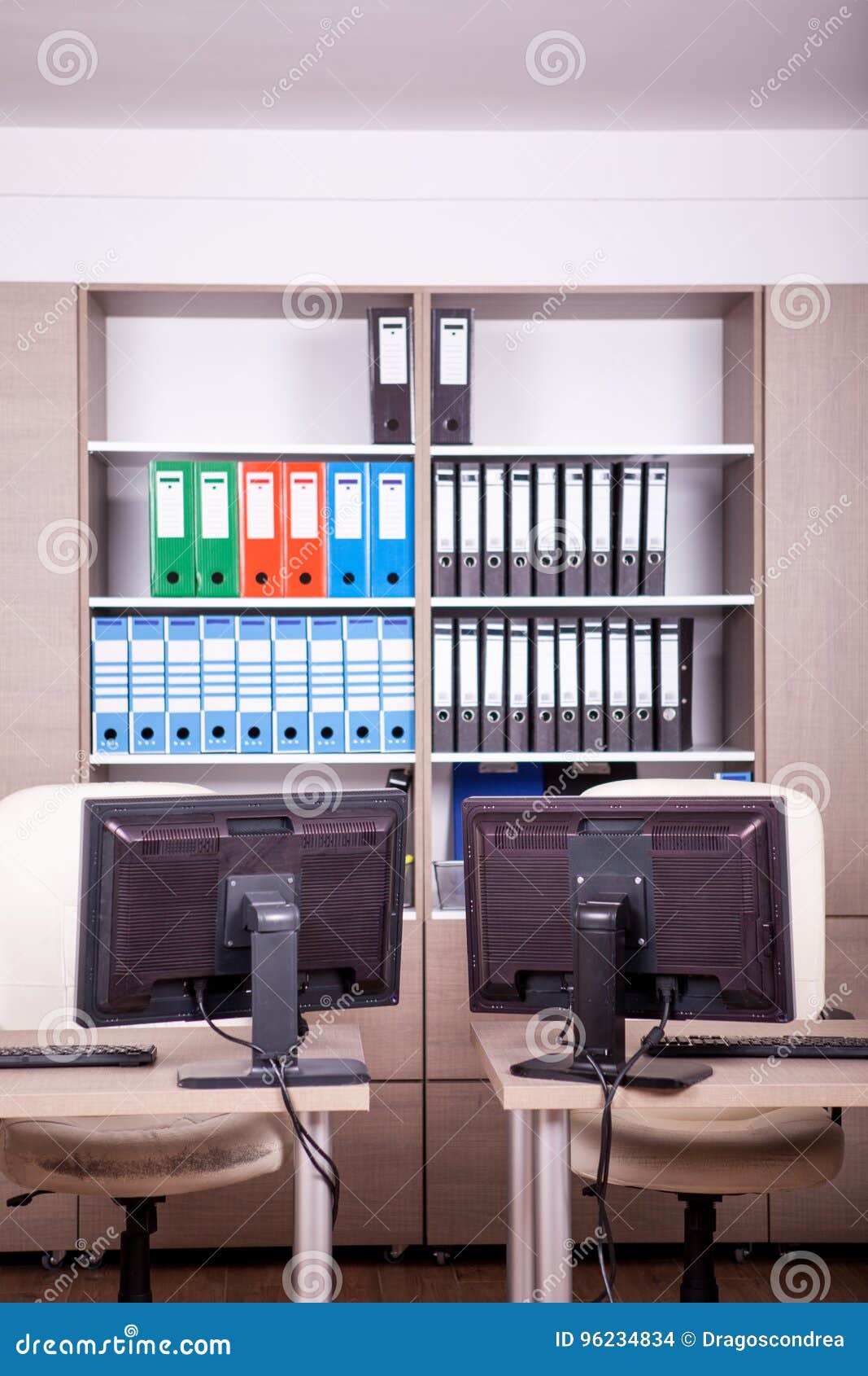 Empty Office Room with Computers and Desks Stock Photo - Image of ...