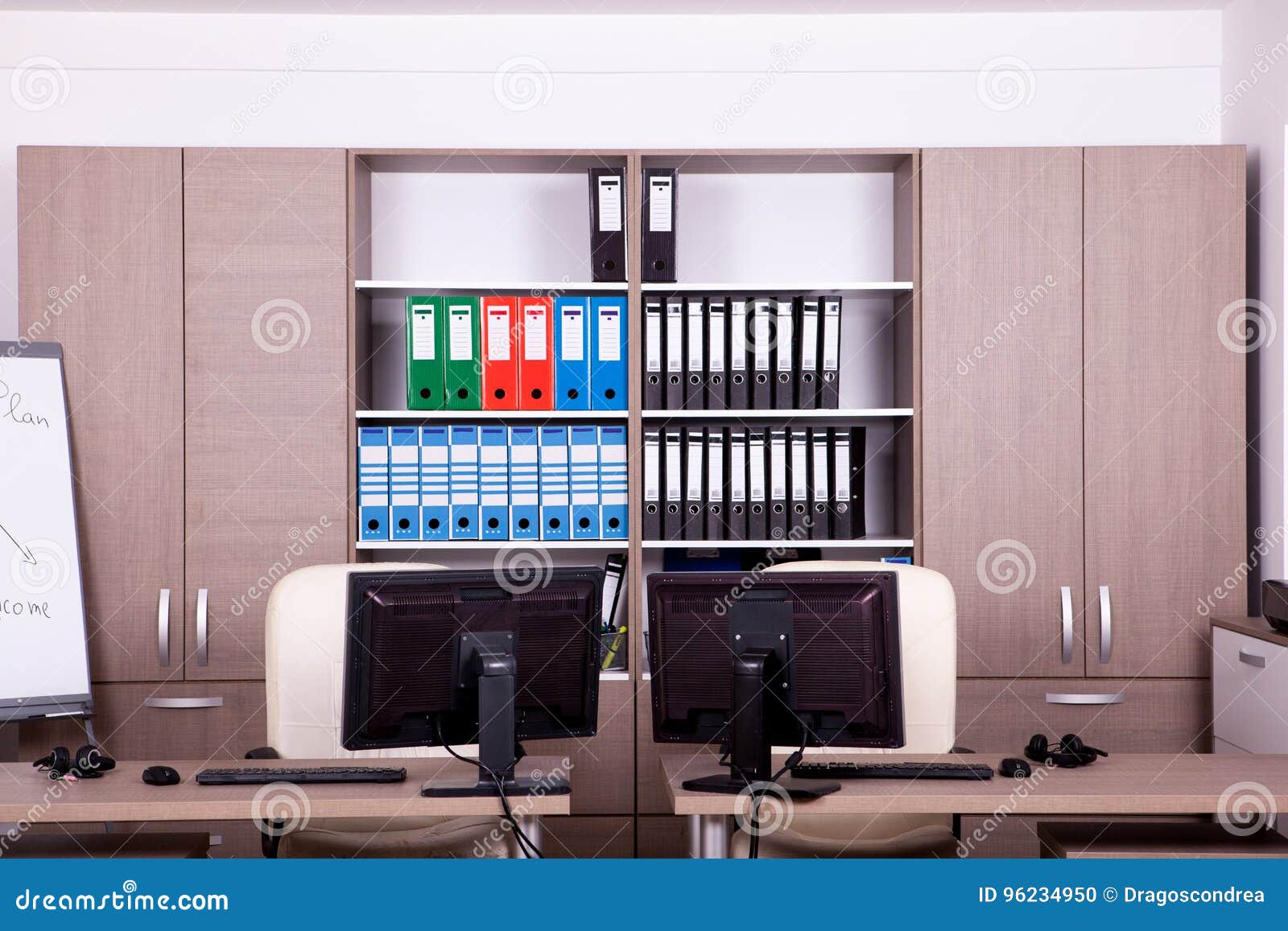 Empty Office Room with Computers and Desks Stock Photo - Image of ...