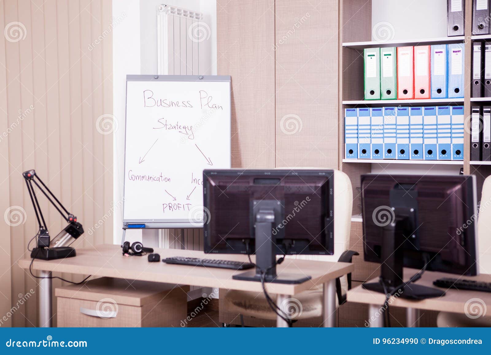 Empty Office Room with Computers and Desks Stock Photo - Image of ...