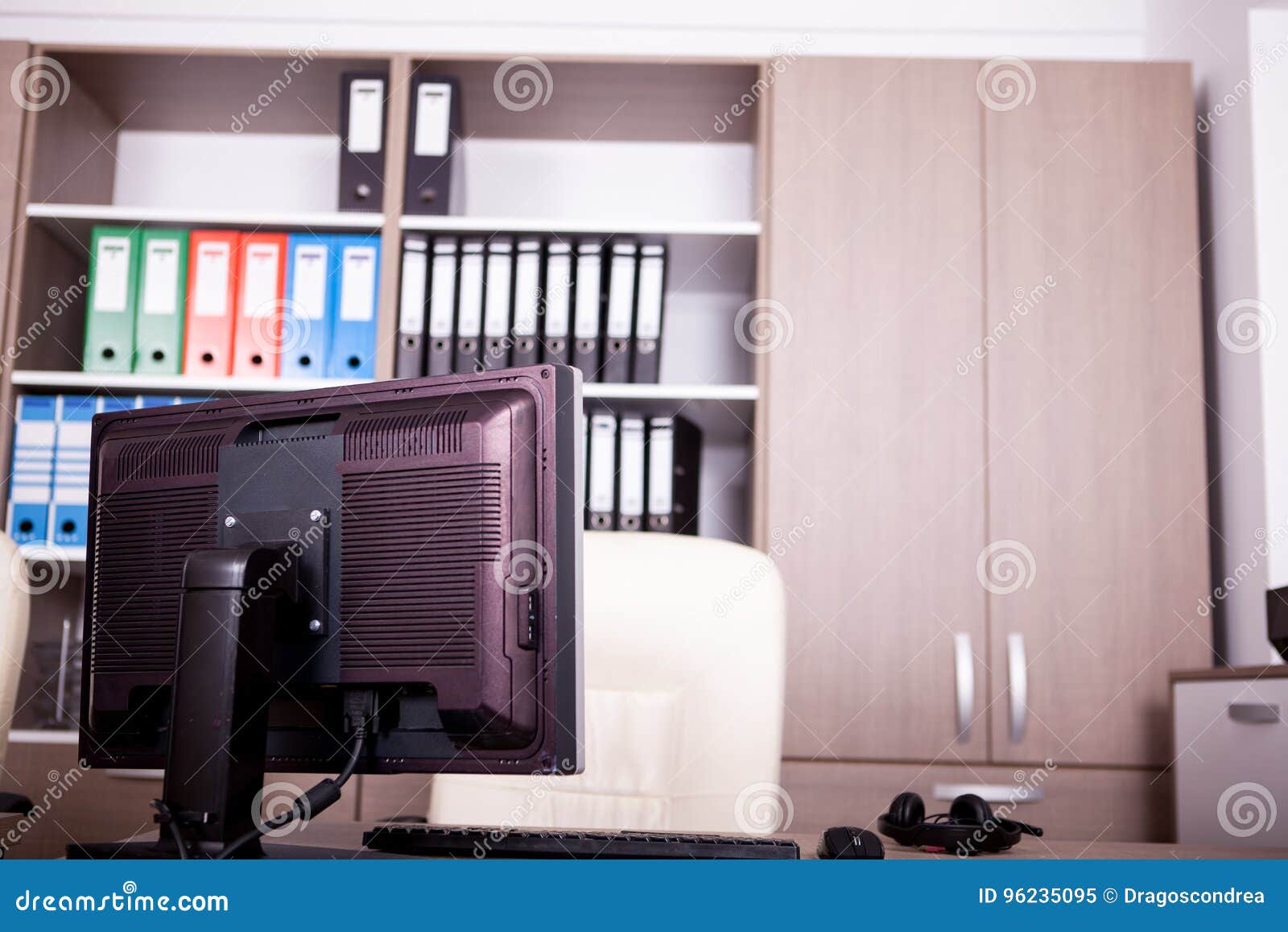 Empty Office Room with Computers and Desks Stock Image - Image of chair ...