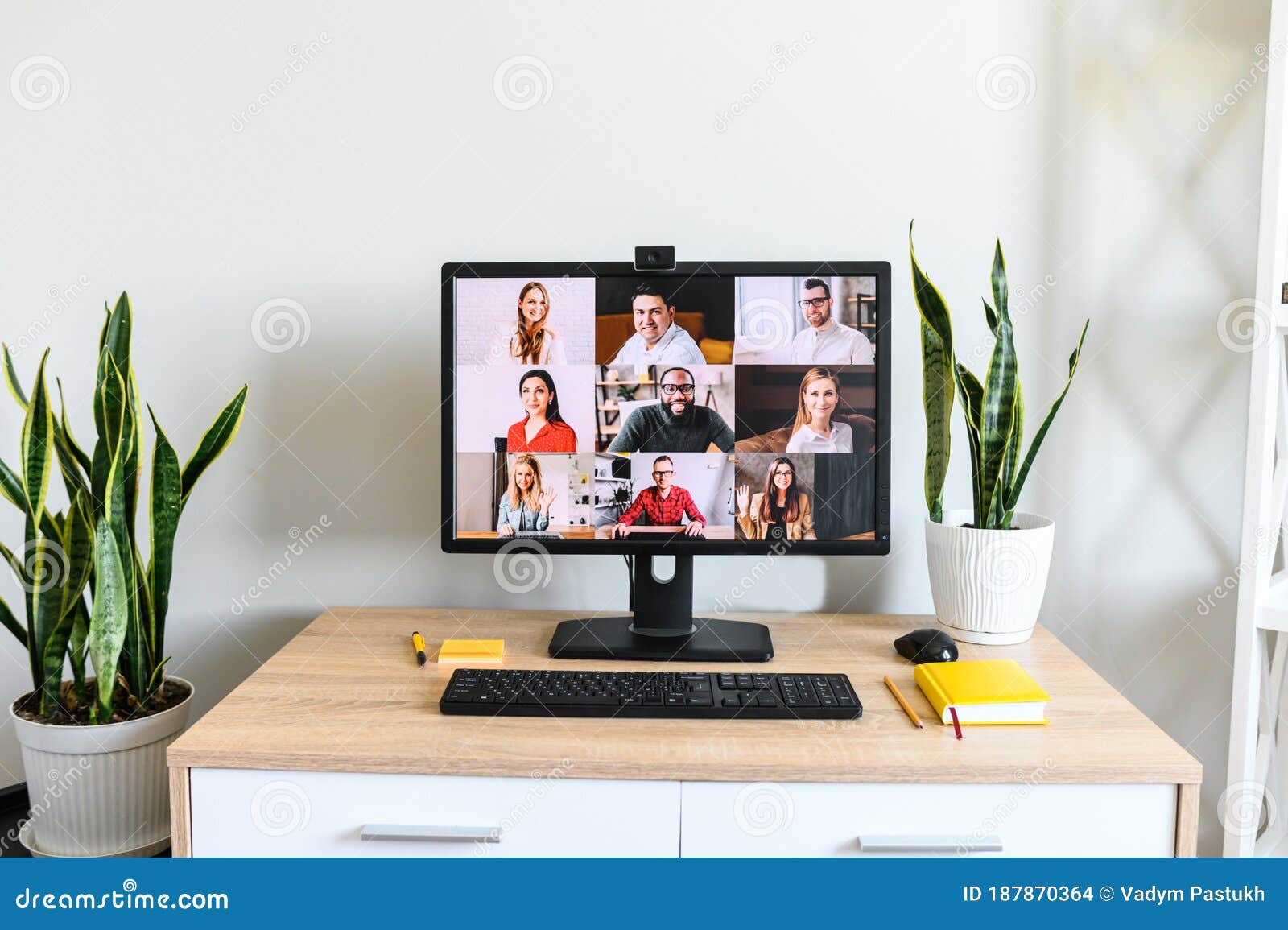 An Empty Office, Video Meeting on PC Screen Stock Photo - Image of ...