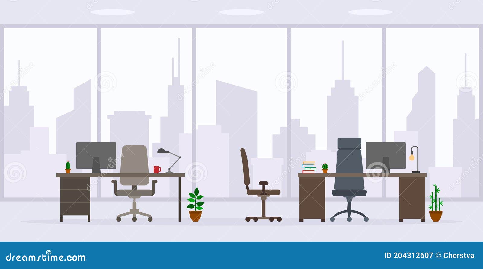 Empty Office Work Place Front View Vector. Flat Style Table, Desk ...