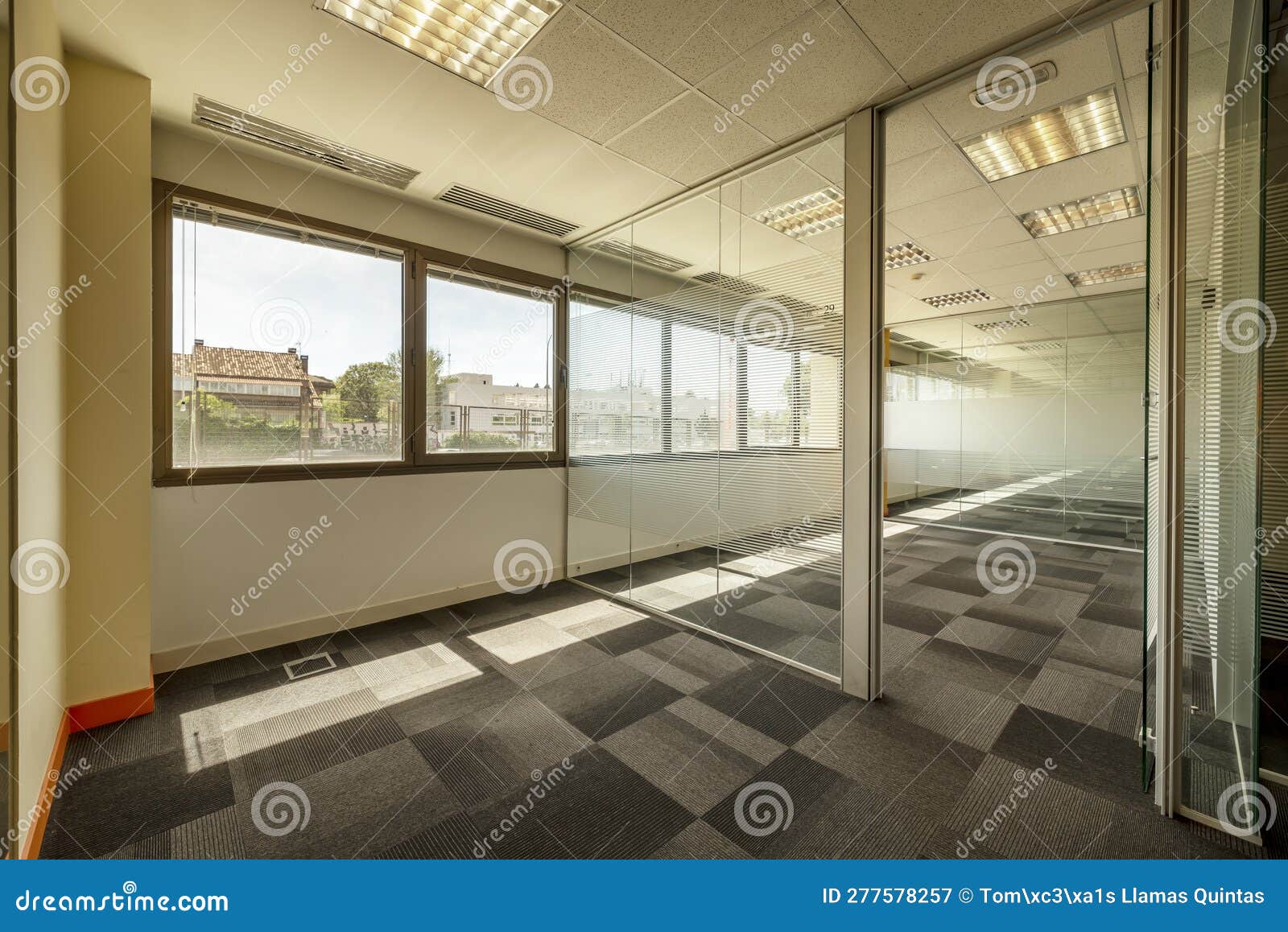 Empty Offices with Glass Partitions, Carpeted Floors Stock Image ...