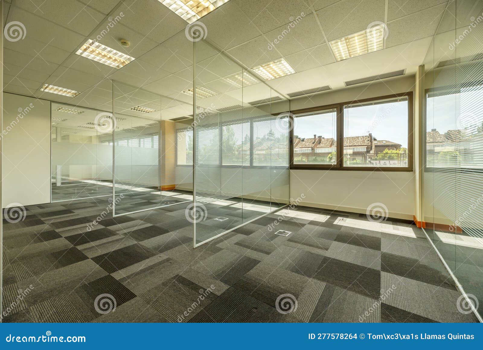 Empty Offices with Several Glass Partitions Separating Cubicles, Long ...