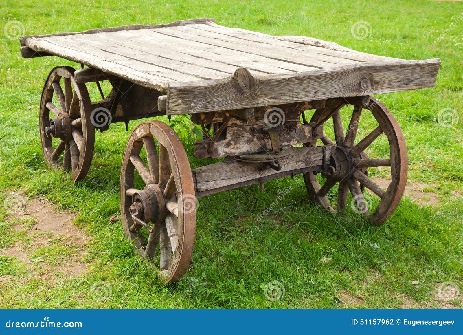 Empty Old Rural Wooden Wagon Stands on Grass Stock Photo - Image of ...