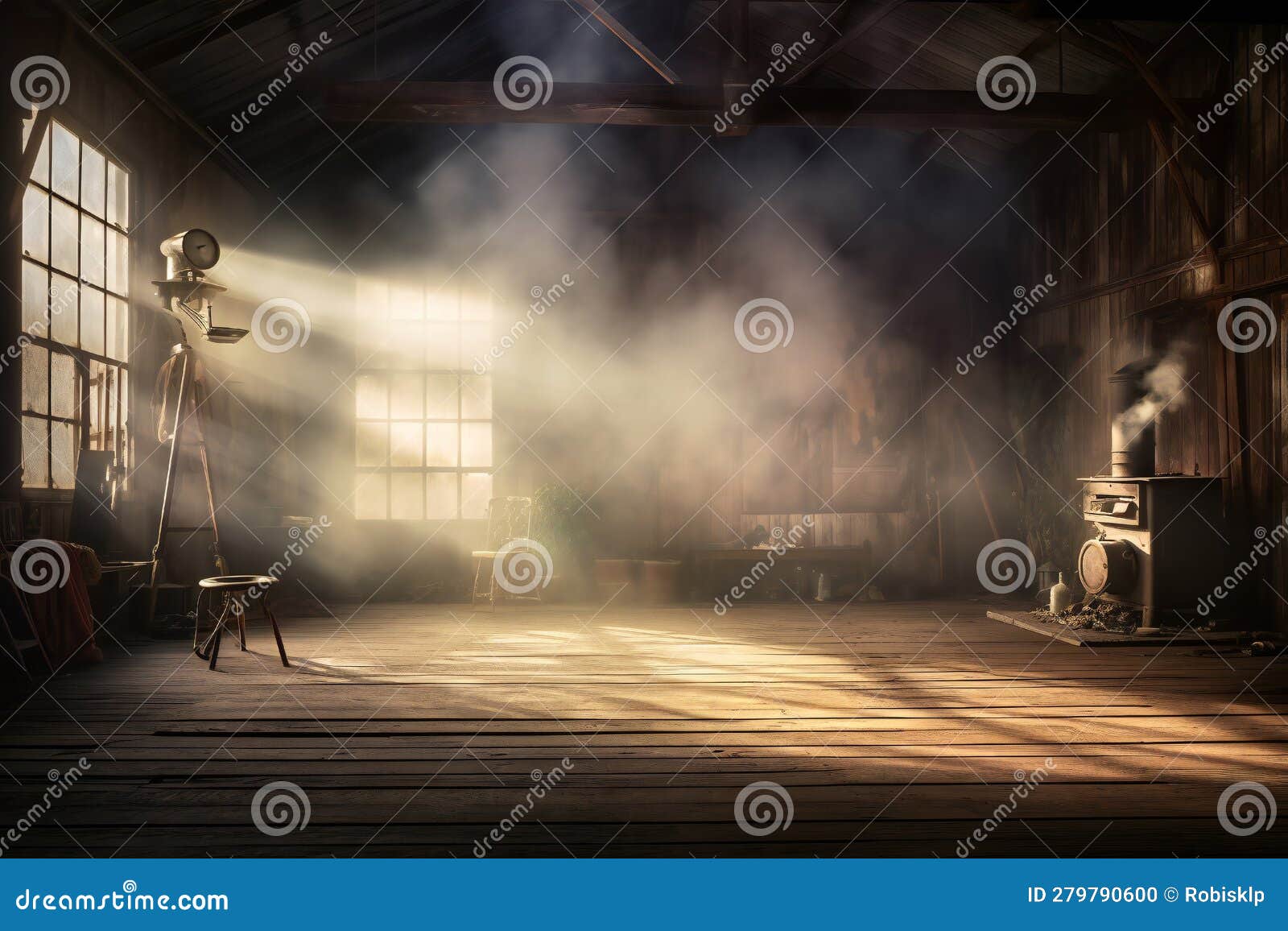 Empty Old Rustic Studio or Stage with Smoke and Lights Stock ...