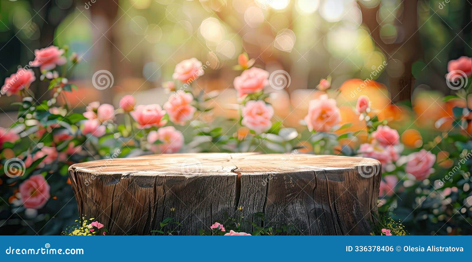 Empty Old Tree Stump Table Top with Blur Rose Garden Background for ...