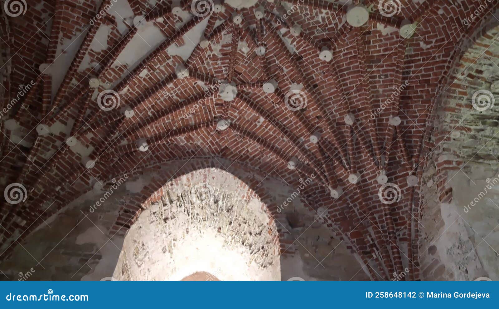Empty Old Vaulted Ceiling Made of Dark Bricks. Historic Castle with Red ...
