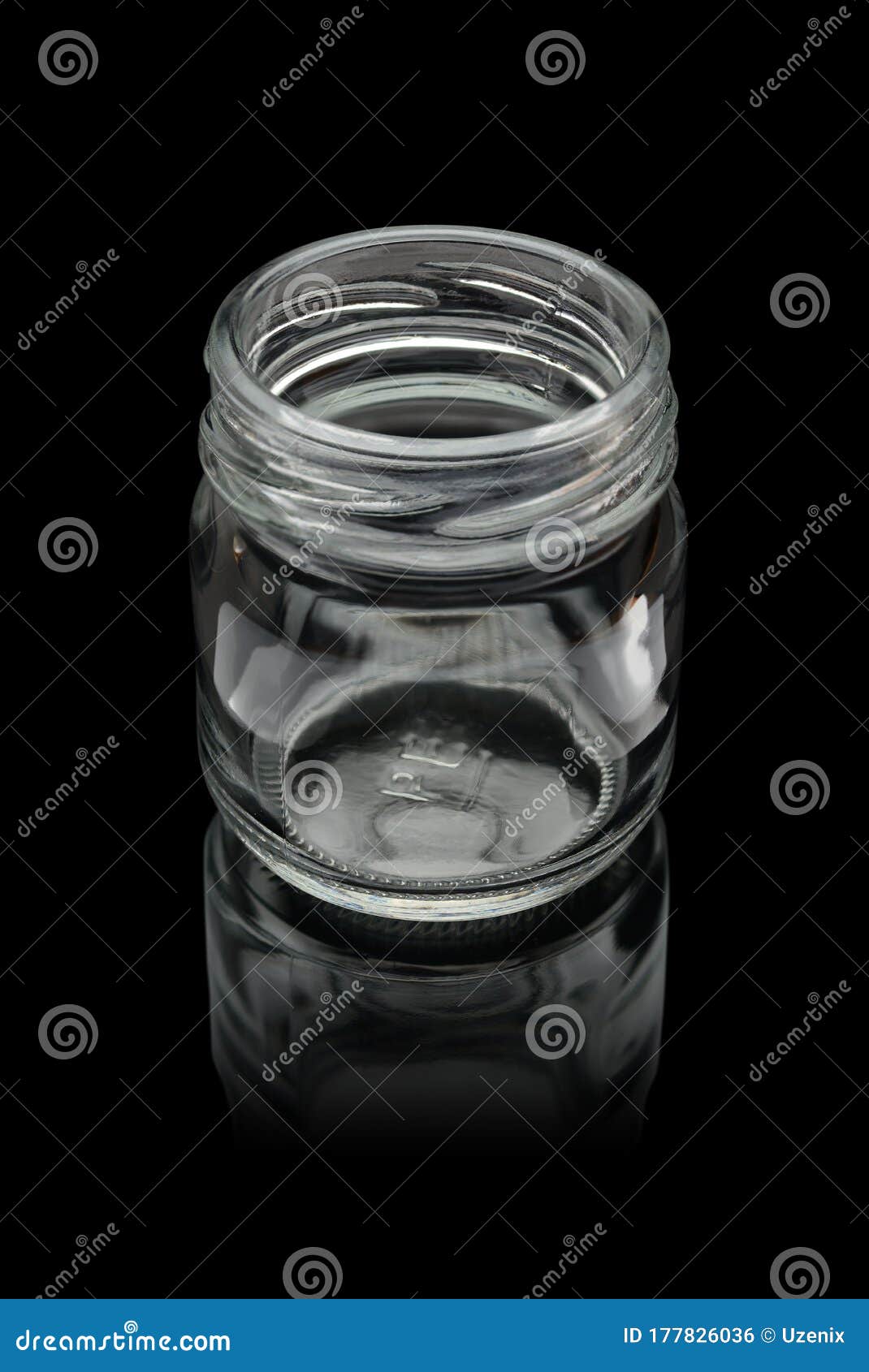 Empty Open Glass Jar with Reflection. Isolated on a Black Background ...