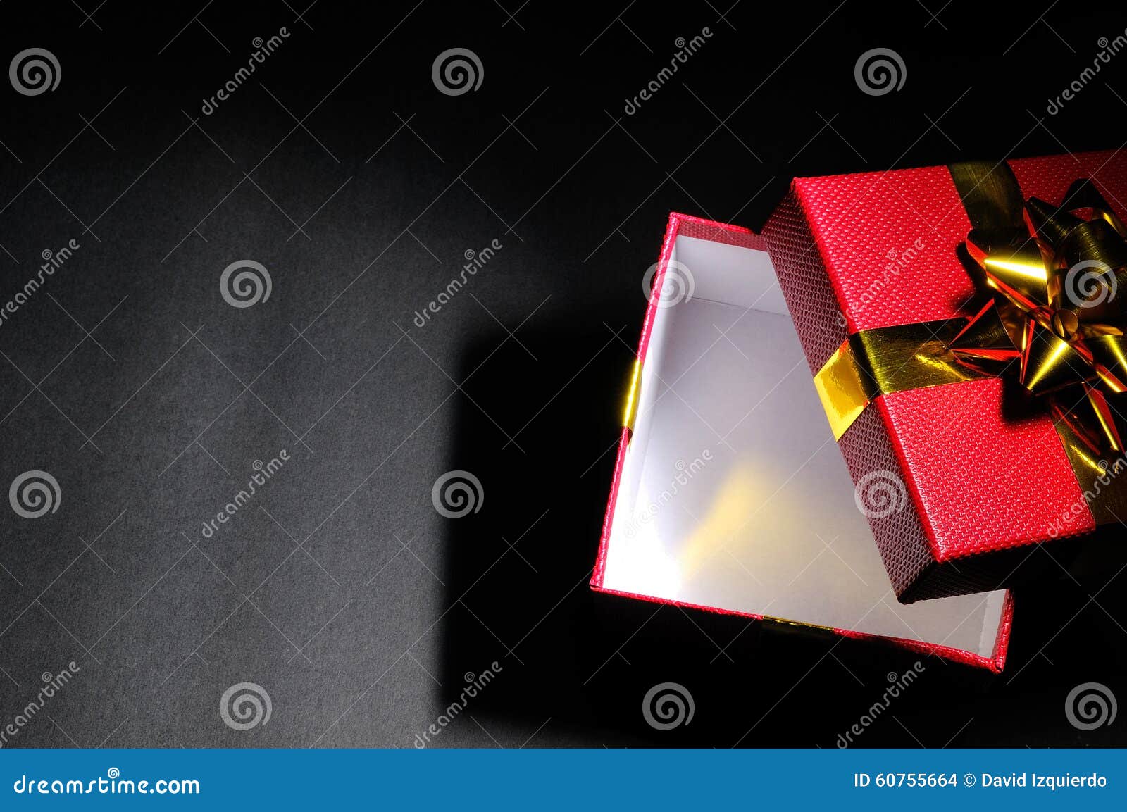 Empty Open Red Gift Box with Gold Bow Dim Top Stock Photo - Image of ...