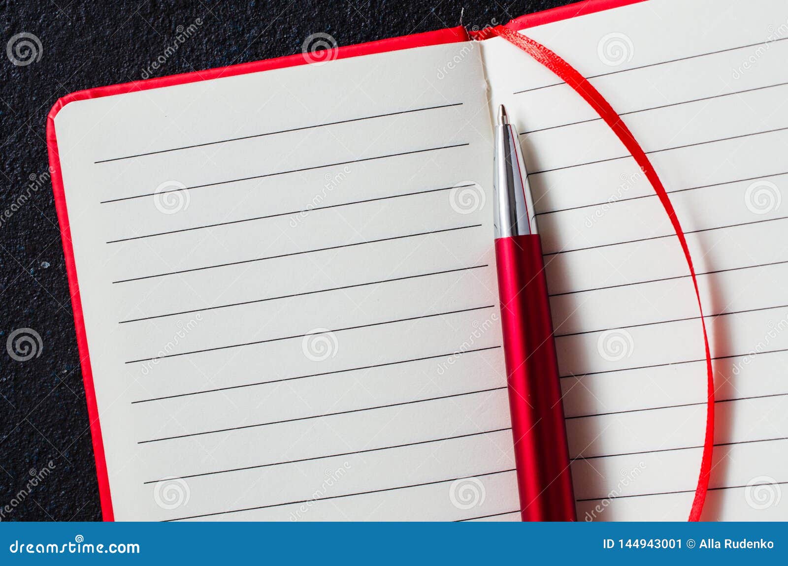 Empty Open Red Notebook with Red Pen on Dark Background. Blank Paper ...