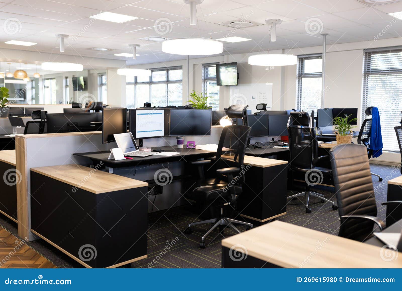 Empty Open Space Office with Desks, Chairs and Computers Stock Photo ...