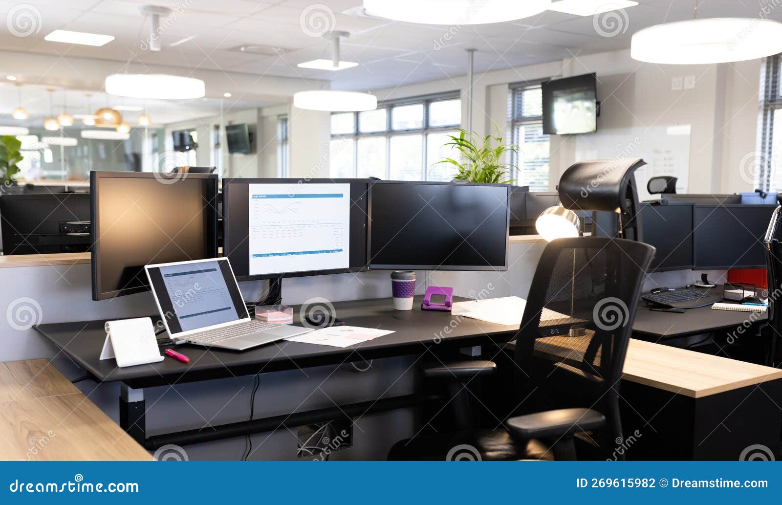Empty Open Space Office with Desks, Chairs and Computers Stock Photo ...