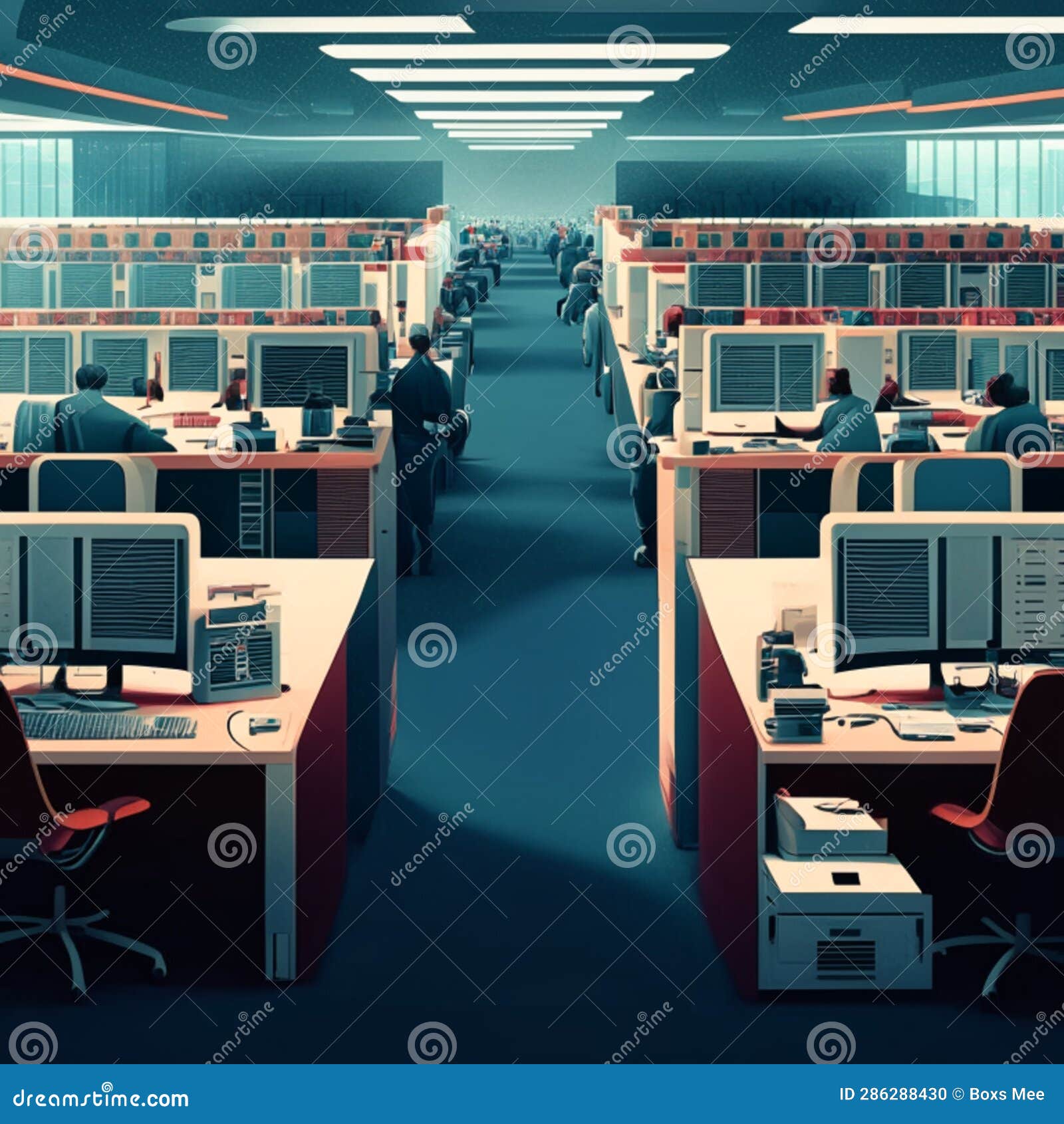 Empty Open Space Office Interior with Computers and People. 3d ...