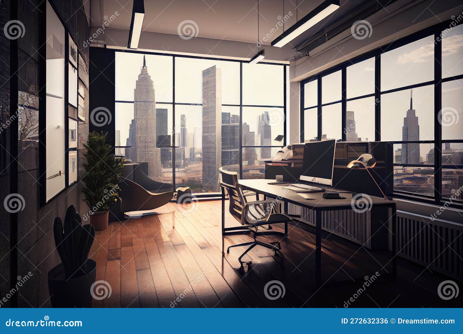 Empty Open Space Office, with View of Bustling Cityscape and Towering ...
