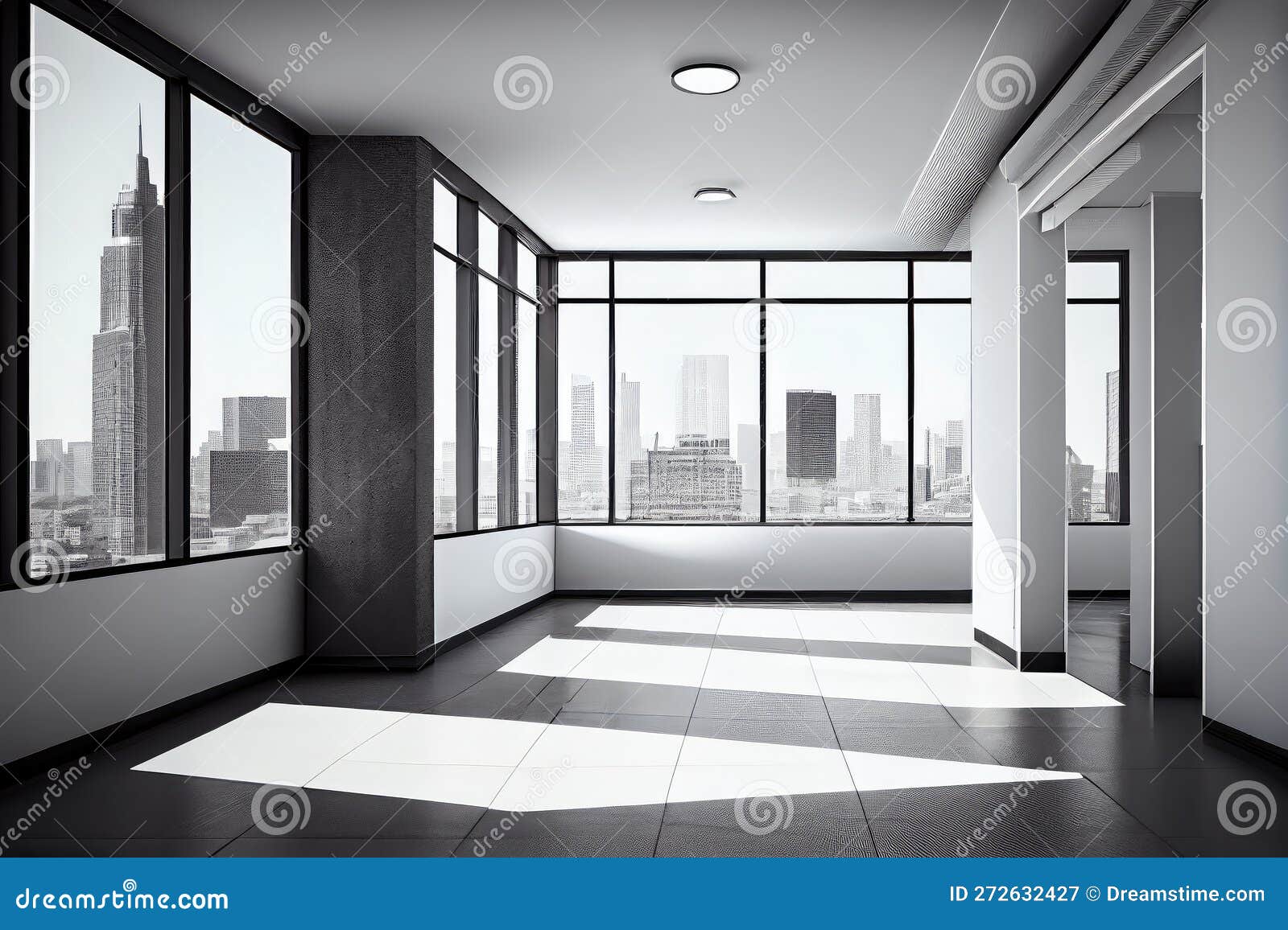 Empty Open Space Office, with View of the City Skyline, and Modern ...