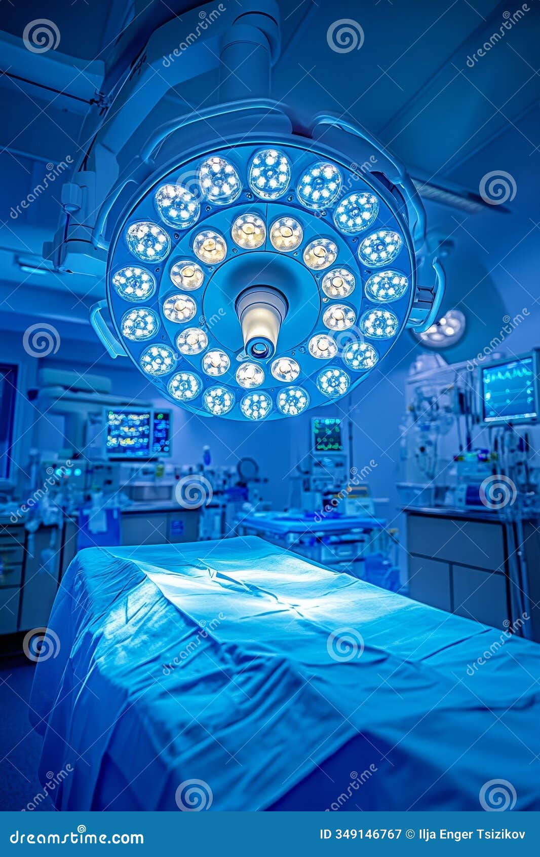 Empty Operating Room, Surgical Lights on, Prepared Operating Table ...