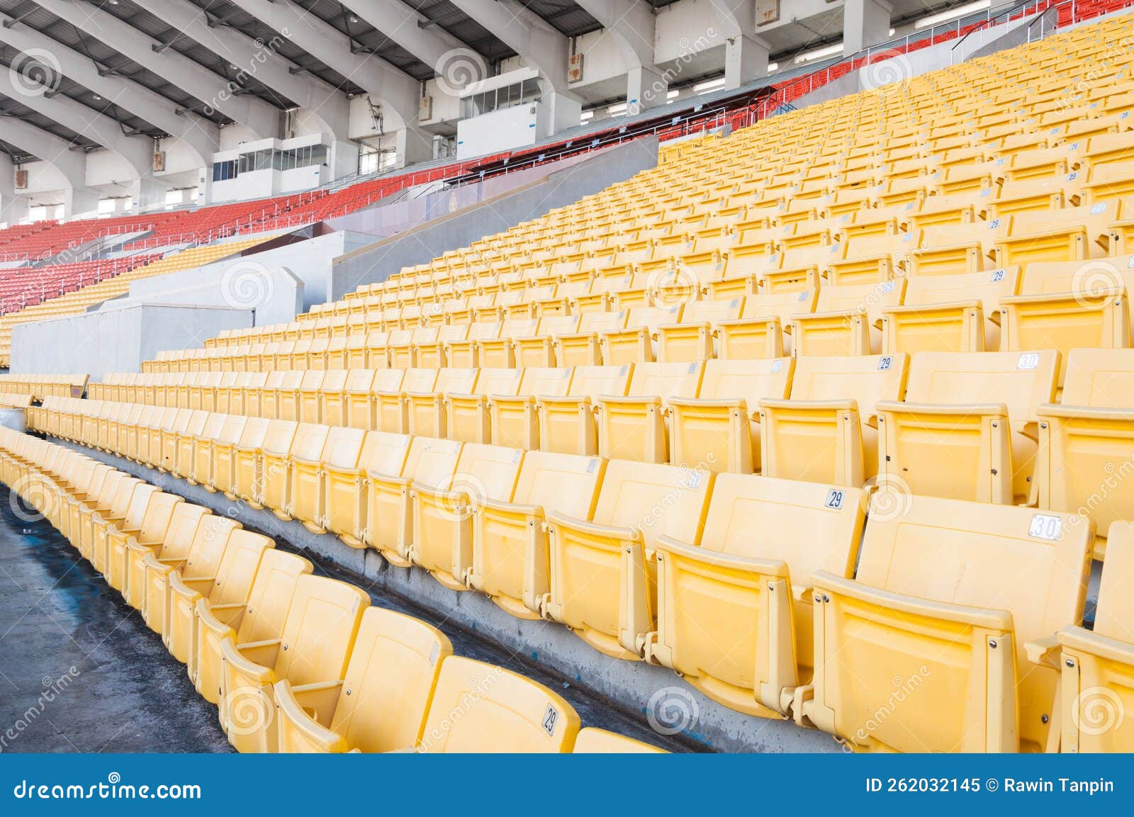 Empty Orange and Yellow Seats at Stadium,Rows Walkway of Seat on Soccer ...