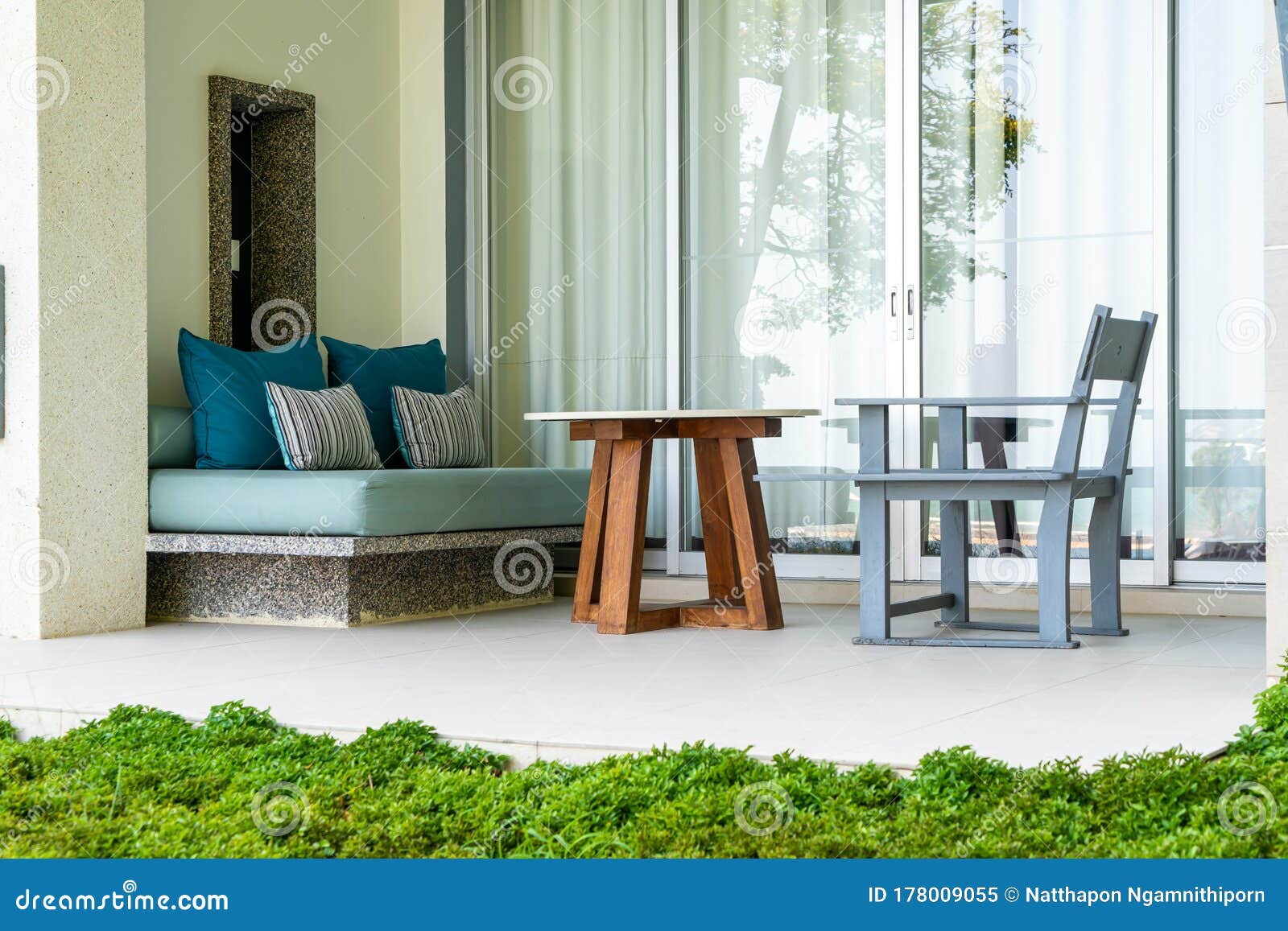 Empty Outdoor Patio Chair and Desk Stock Image - Image of lifestyle ...
